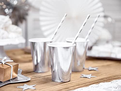 ALINK Biodegradable Silver Paper Straws Bulk, Pack of 100 Metallic Foil Striped/Wave/Dots Straws for Birthday, Wedding, Bridal/Baby Shower, Christmas Decorations and Party Supplies