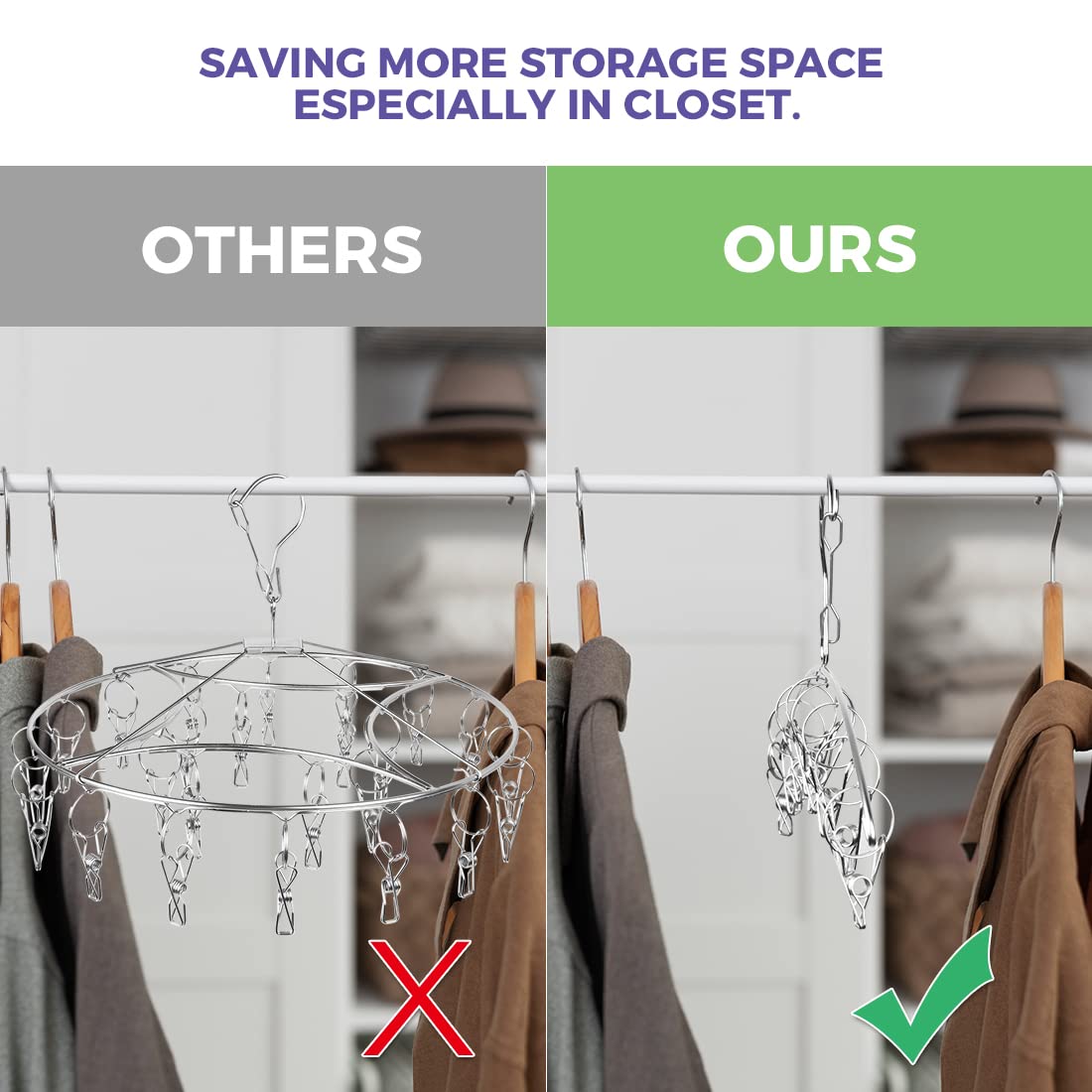 Qudamah Clothes Drying Rack Windproof Clothes Hangers with 8 Clips(3 Packs )