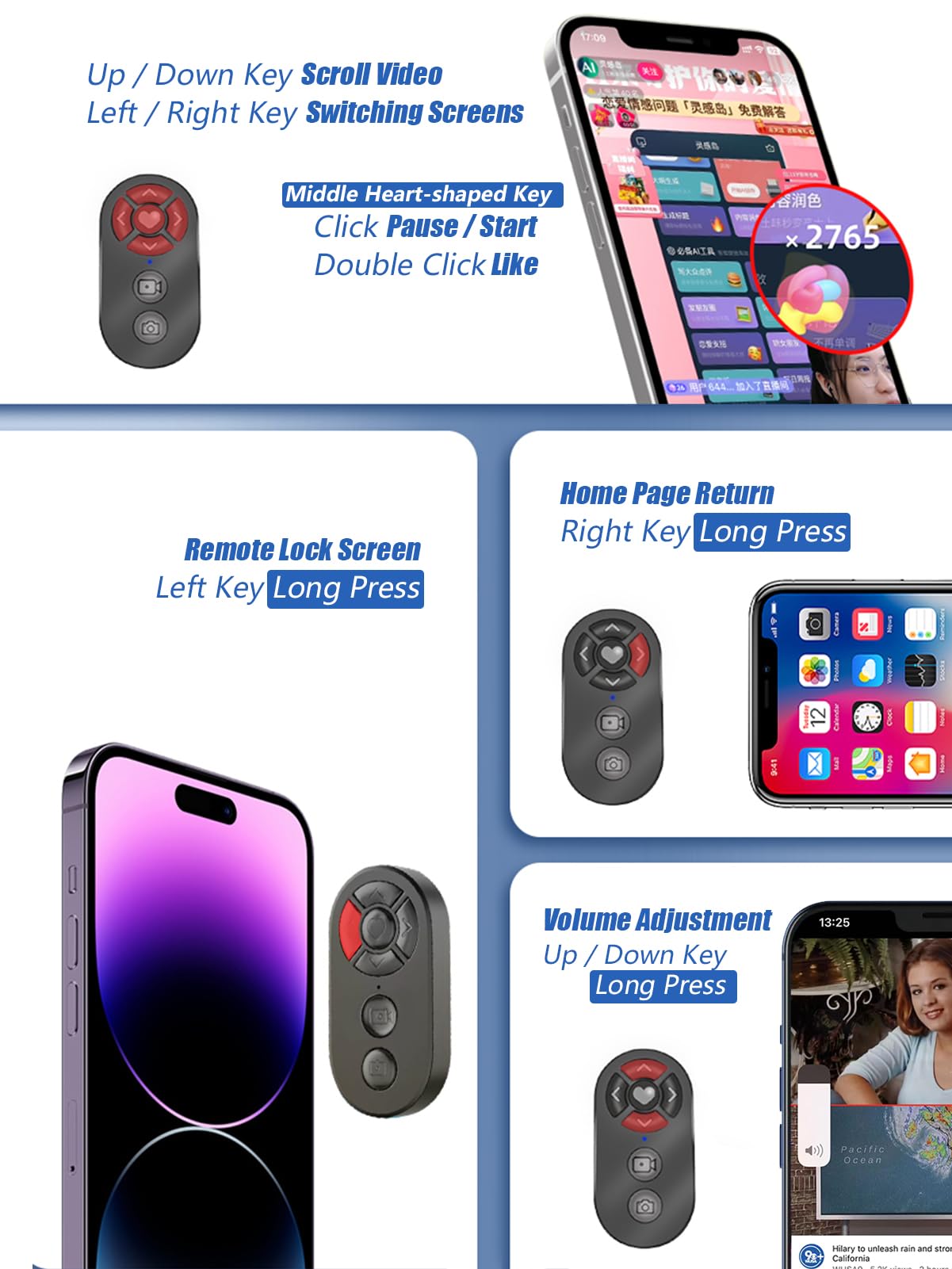 ASHUTB [Upgraded 7-Key] TikTok Remote Control Bluetooth Camera Video Recording Controller,Kindle App Page Turner Wireless Selfie Shutter Photo Clicker Black,Beauty-R1,2.36x1.18 0.39 in