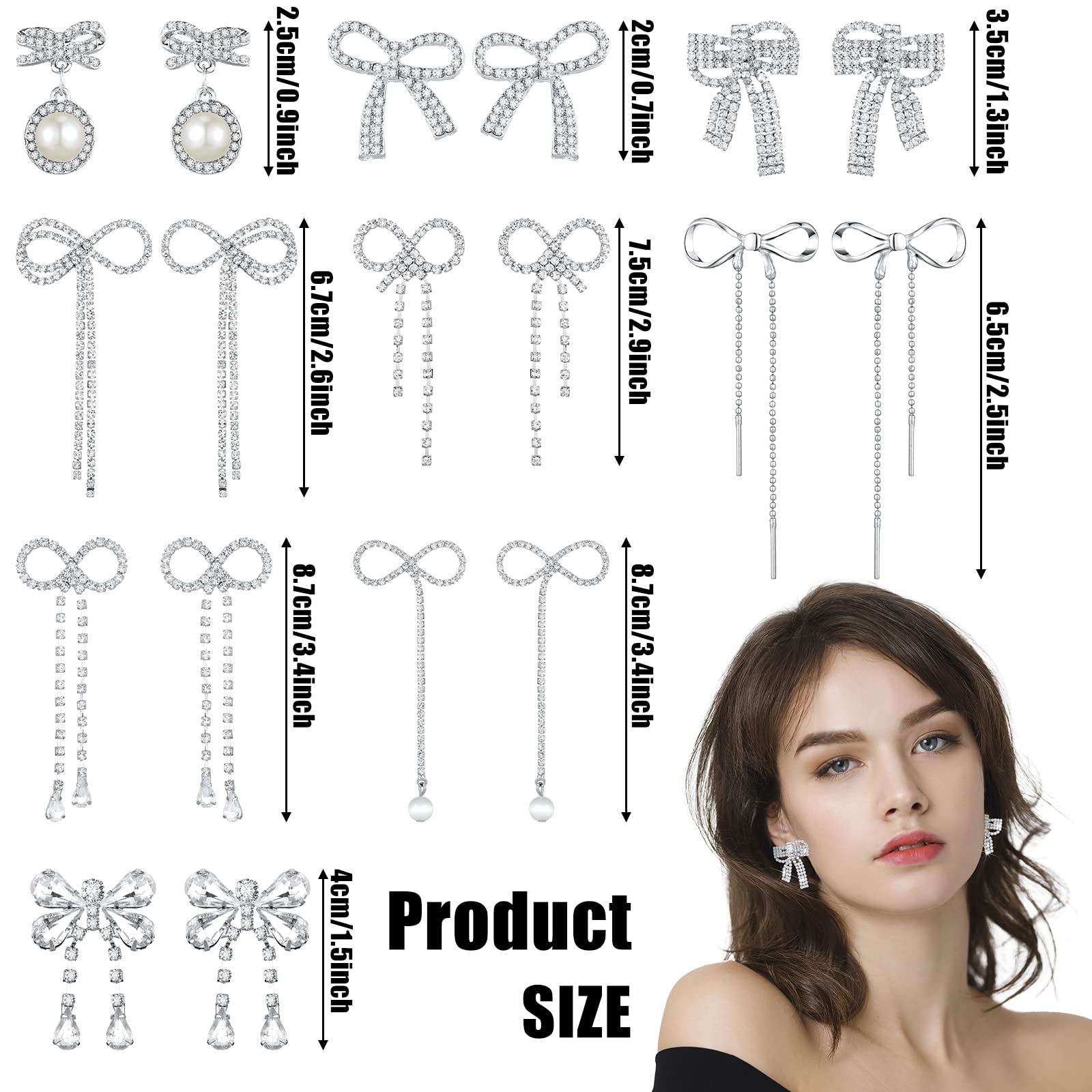 9 Pairs Silver Bow Earrings Rhinestone Bow Drop Earrings for Women Silver Crystal Drop Earrings Pearl Bow Dangle Earrings for Wedding Anniversary Party