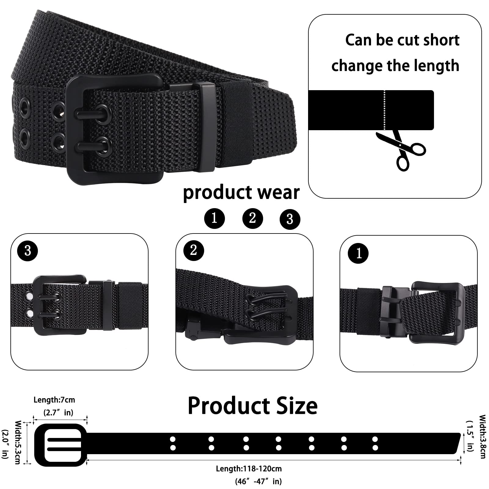 algsqeor nylon Web Belts for Men, Casual Double Hole Grommet Belt Solid Color waistband belt (black)