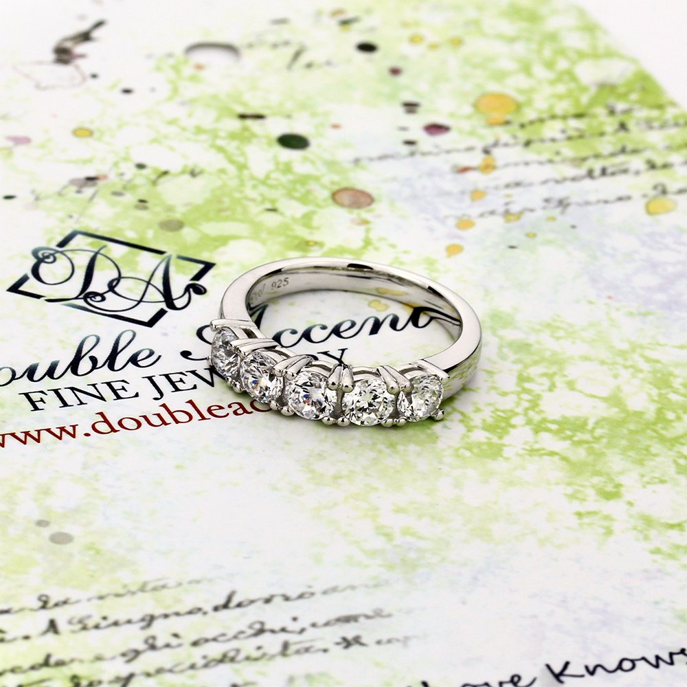 925 Sterling Silver Ring Round 1.2 carat CZ Stone Prong Set Five Stone Wedding Anniversary Ring 4MM (Size 5 to 10), 7