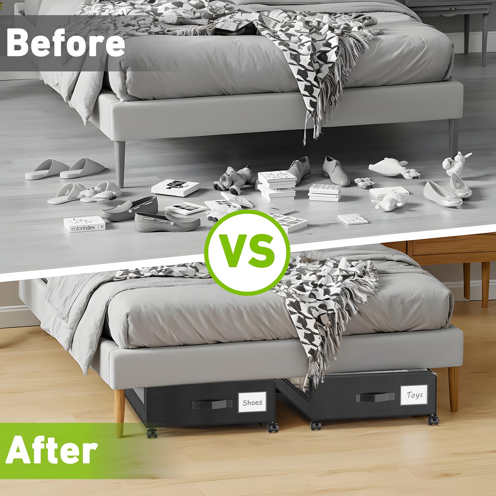 Beborxue Under Bed Storage with Wheels, 2-Pack Under Bed Storage Containers with Clear Lids, XXL 60L Under the bed storage Organizer Bins, Rolling Under Bed Metal Drawer for Clothes,Shoes,Toys (Black)