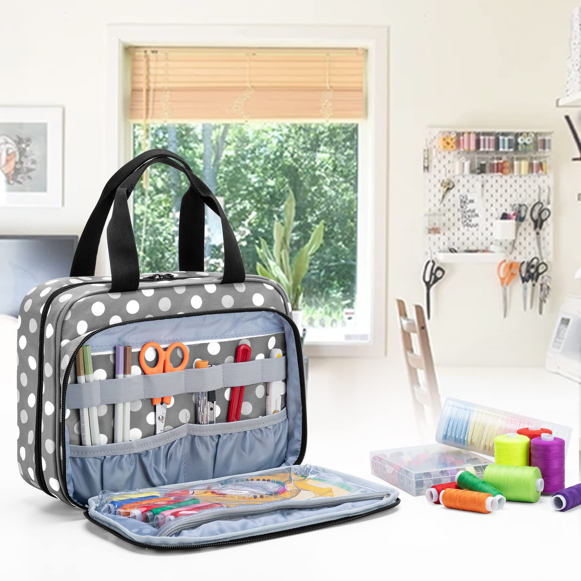 Luxja Large Sewing Organizer with 3 Inner Sections (Fold up Easily), Sewing Supply Organizer with Versatile Pockets (No Accessories Included), Polka Dots