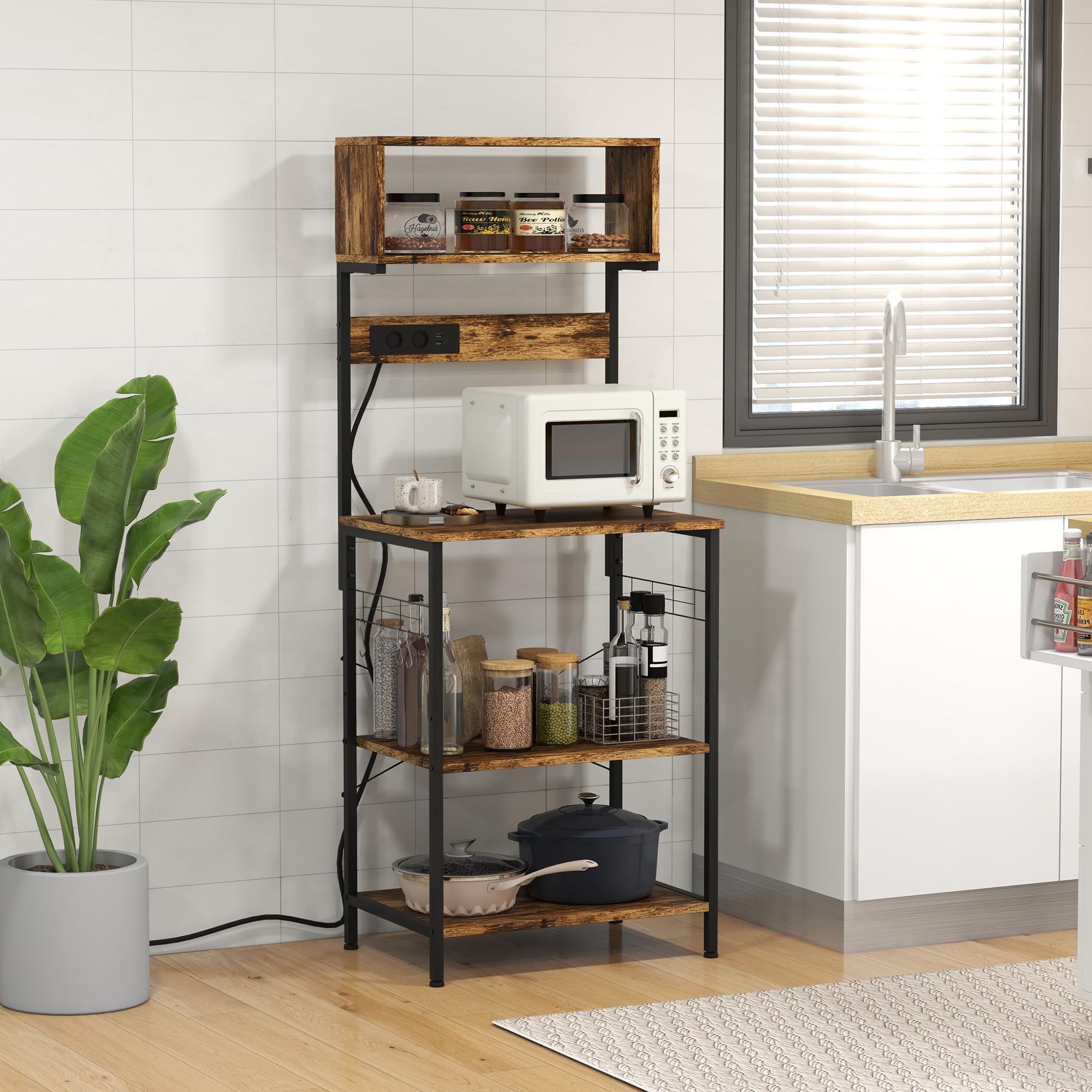 HOMCOM Kitchen Bakers Rack with Power Outlet, USB Charger, Microwave Stand, Coffee Bar with Adjustable Shelves, 5 Hooks for Spices, Pots and Pans, Rustic Brown