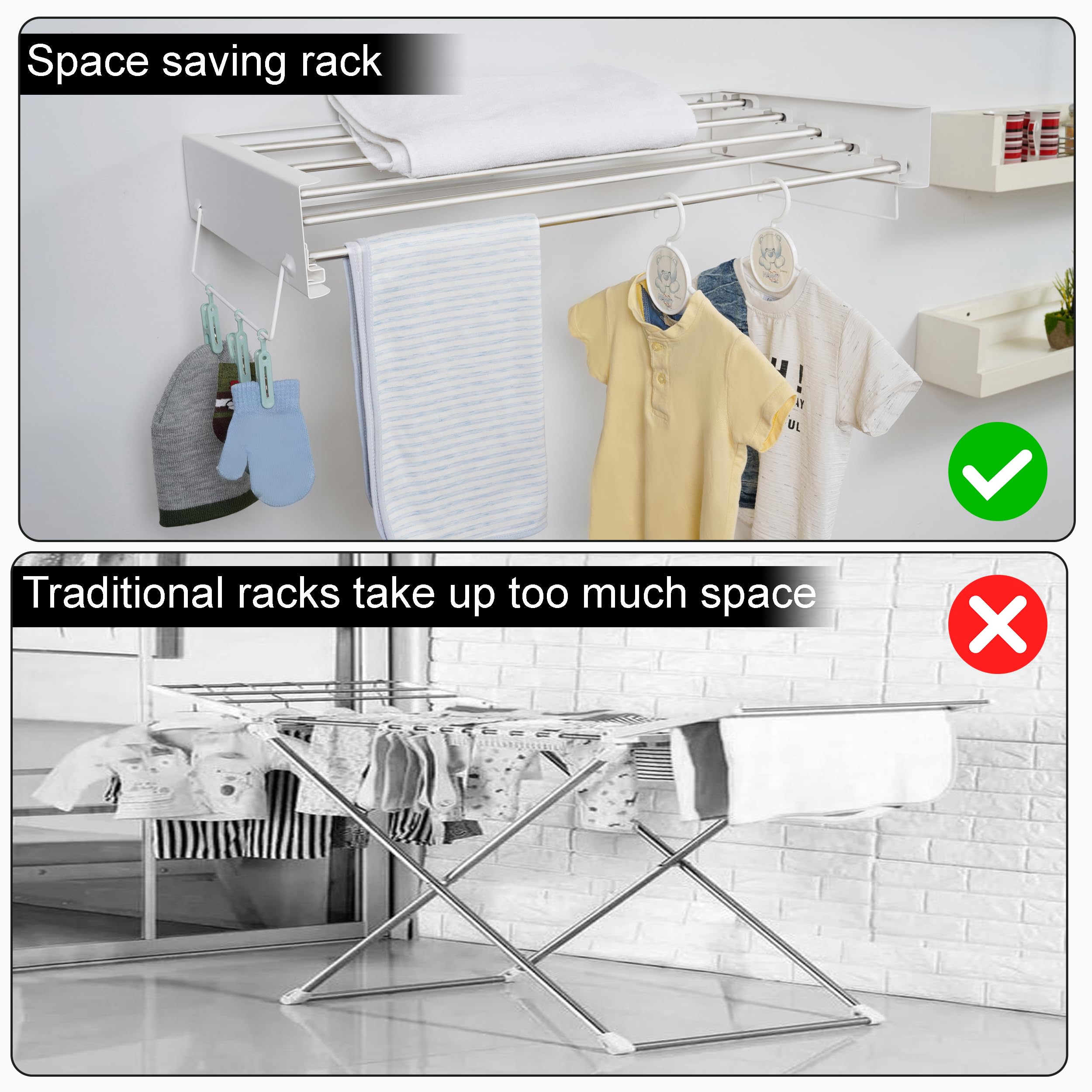 Zentuary Home Wall Mounted Clothes Drying Rack – Space-Saving Foldable Laundry Dryer Rack with 2 Towel Rails, Hangers & Pegs Included |Collapsible Wall Drying Rack | Indoor & Outdoor Use, 31.5 Inches