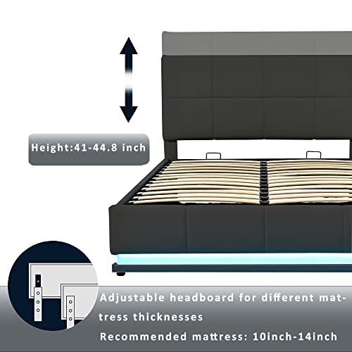BIADNBZ Queen Size Lift Up Storage Bed, Modern Platform Bed with LED Lights and USB Charger, Tufted PU Upholstered Bedframe Headboard for Bedroom, Hydraulic Storage, No Box Spring Needed, Black