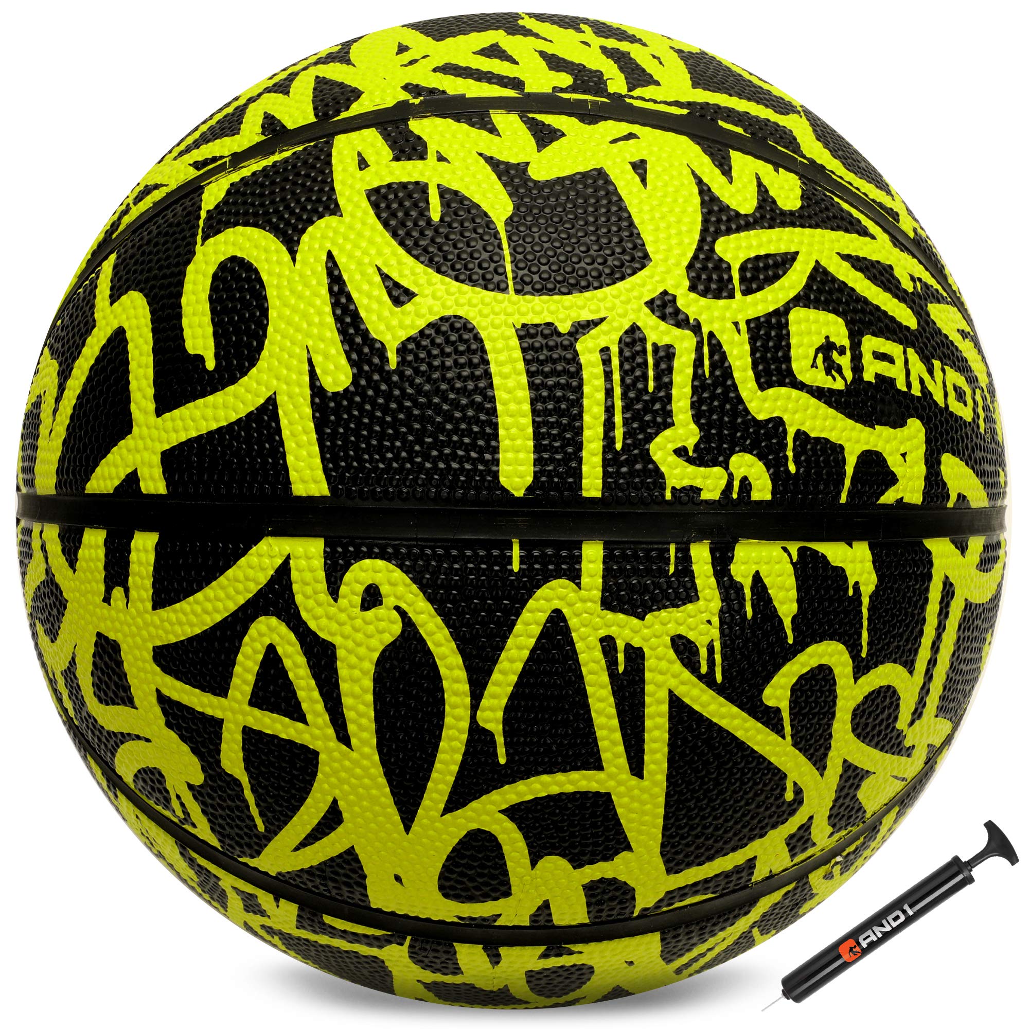 AND1 Fantom Rubber Basketball & Pump (Graffiti Series)- Official Size 7 (29.5â) Streetball, Made for Indoor and Outdoor Basketball Games (Volt)