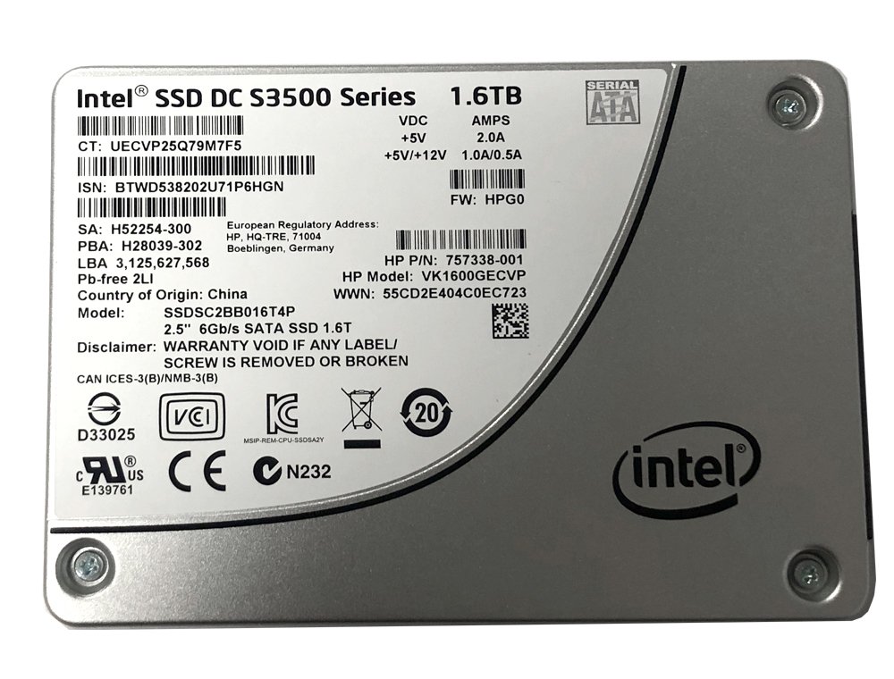Intel DC S3500 Series 1.6TB 2.5-inch 7mm SATA III MLC (6.0Gb/s) Internal Solid State Drive (SSD) SSDSC2BB016T4P / (HP # 757338-001 / VK1600GECVP) - New OEM w/ 5 Years Warranty
