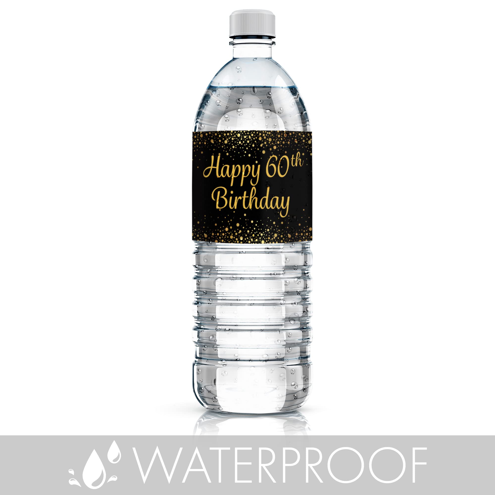 Black and Gold 60th Birthday Party Water Bottle Labels - 24 Stickers, 60th Birthday Decorations