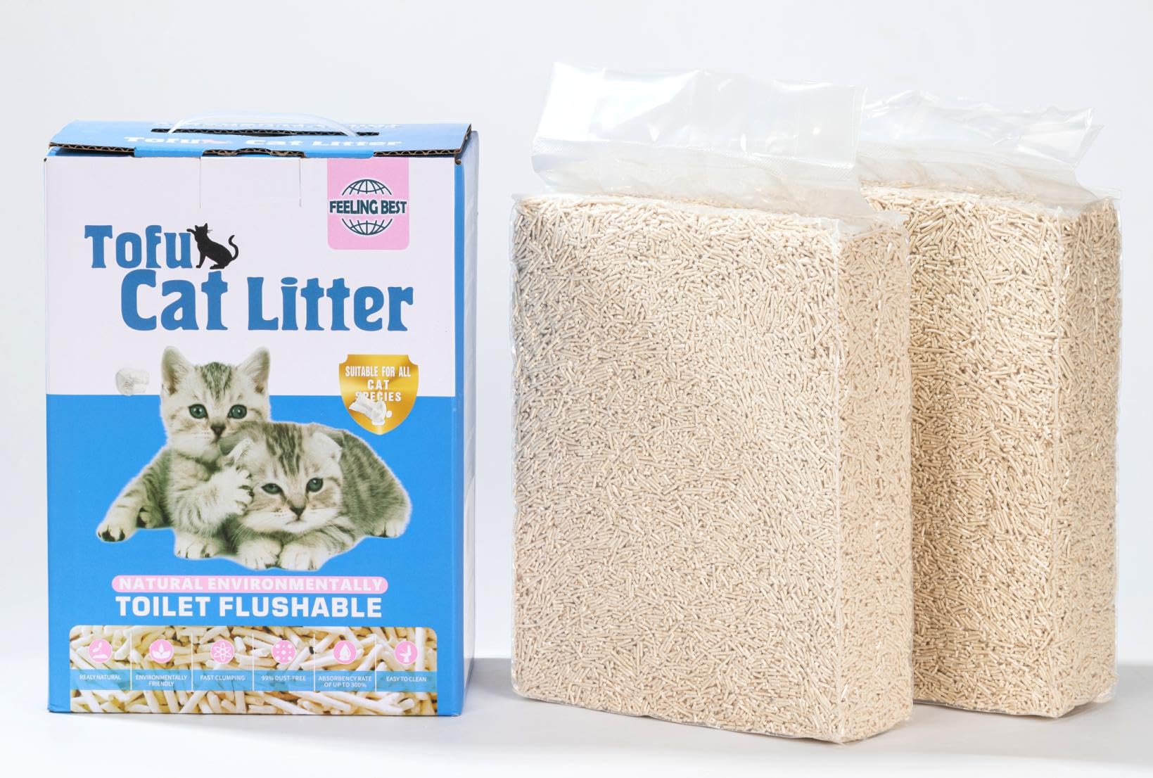 FEELING BEST Tofu Cat Litter 11.2LB(5.6lb×2bag) Clumping, 100% Food Grade Raw Materials, Clumping,Flushable,Ultra Absorbent and Fast Drying,Solubility in Water,Really Dust-Free,Less Scattering