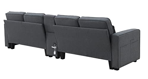 Ball & Cast 114.2" Linen Upholstered Sofa with Consoleand 2 USB Ports Wired or Wirelessly Charged,Modern 4-Seat Couches W/ 4 Pillows and Two Cupholders,for Living Room,Apartment,Dark Grey