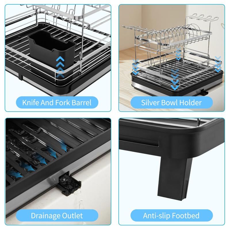 ALICESGARDEN Dish Drying Rack, 2 Tier Dish Rack, Expandable Bottom Dish Racks for Kitchen Counter with Utensil Holder Cutting Board Holder,Rust-Proof Stainless Steel Drying Rack for Kitchen Sink