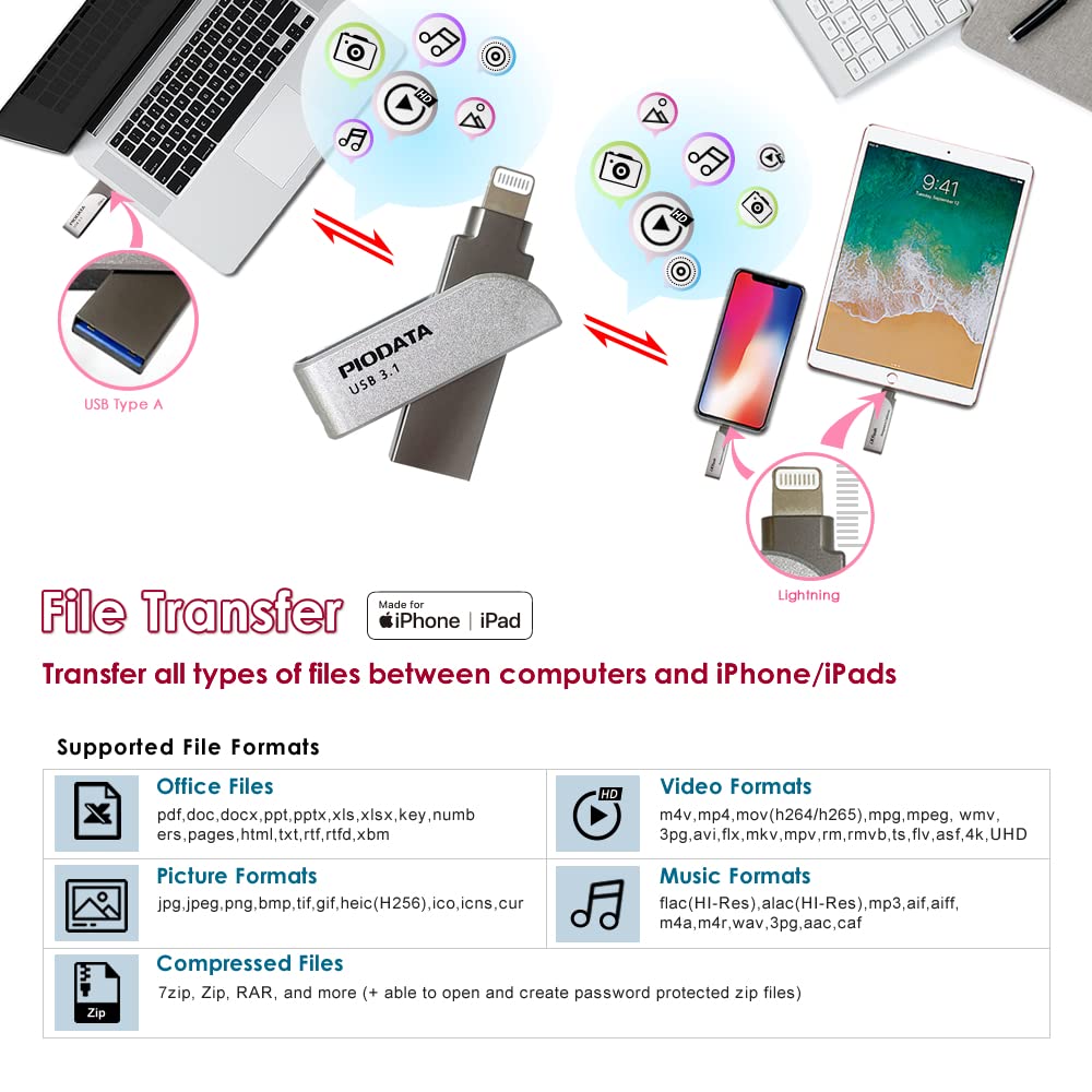 PioData iXflash 64GB iPhone iPad Flash Drive USB 3.0 Apple MFi Certified Lightning Connector, External Storage Memory Expansion for iOS Devices, Windows and Mac, Gray,(IXF-64-SG