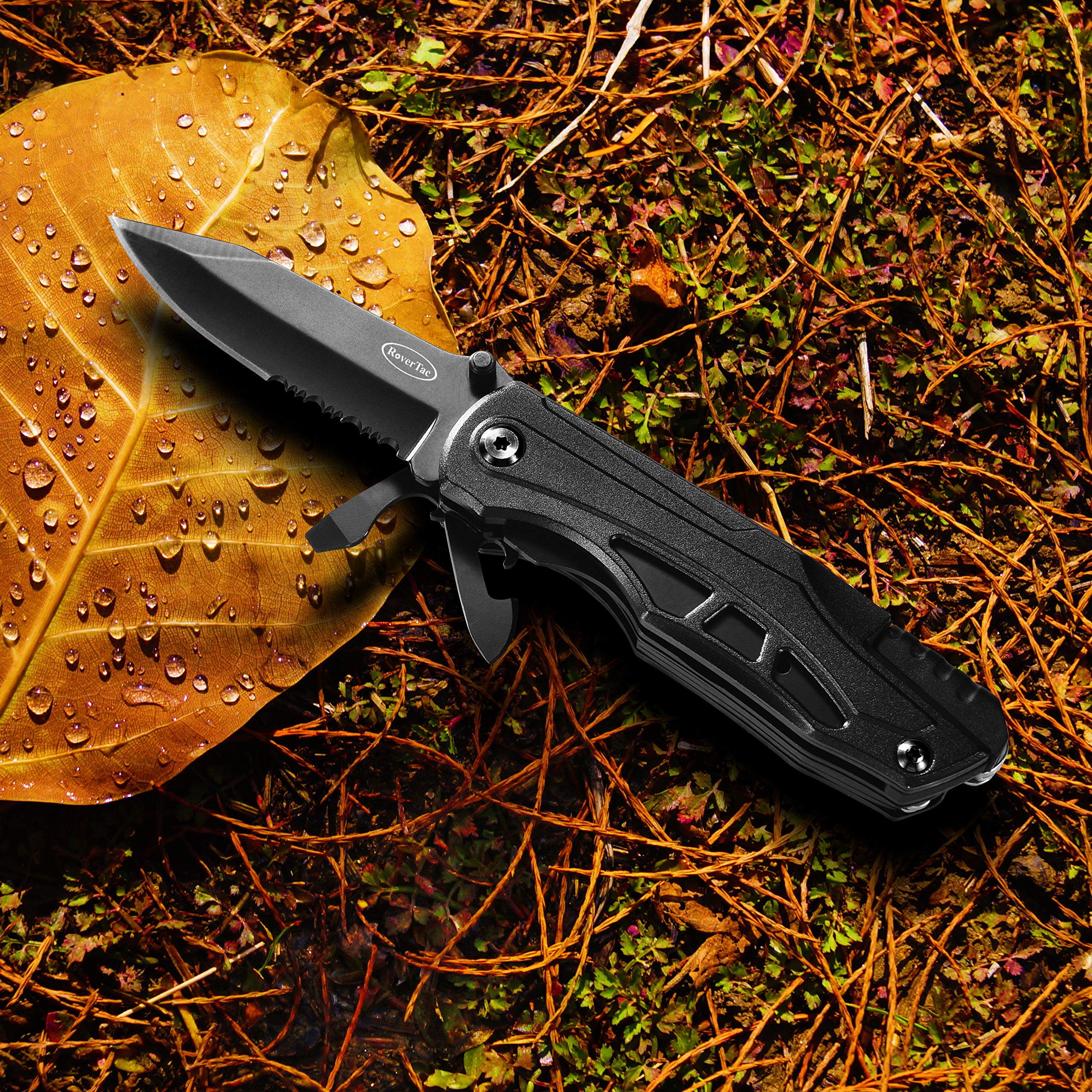 RoverTac Pocket Knife Multi Tool Tactical Knife Multitool Knife with Scissors Bottle and Can Opener Fire Starter Whistle Screwdriver Perfect for Camping Hiking Survival Christmas Gifts for Men Dad