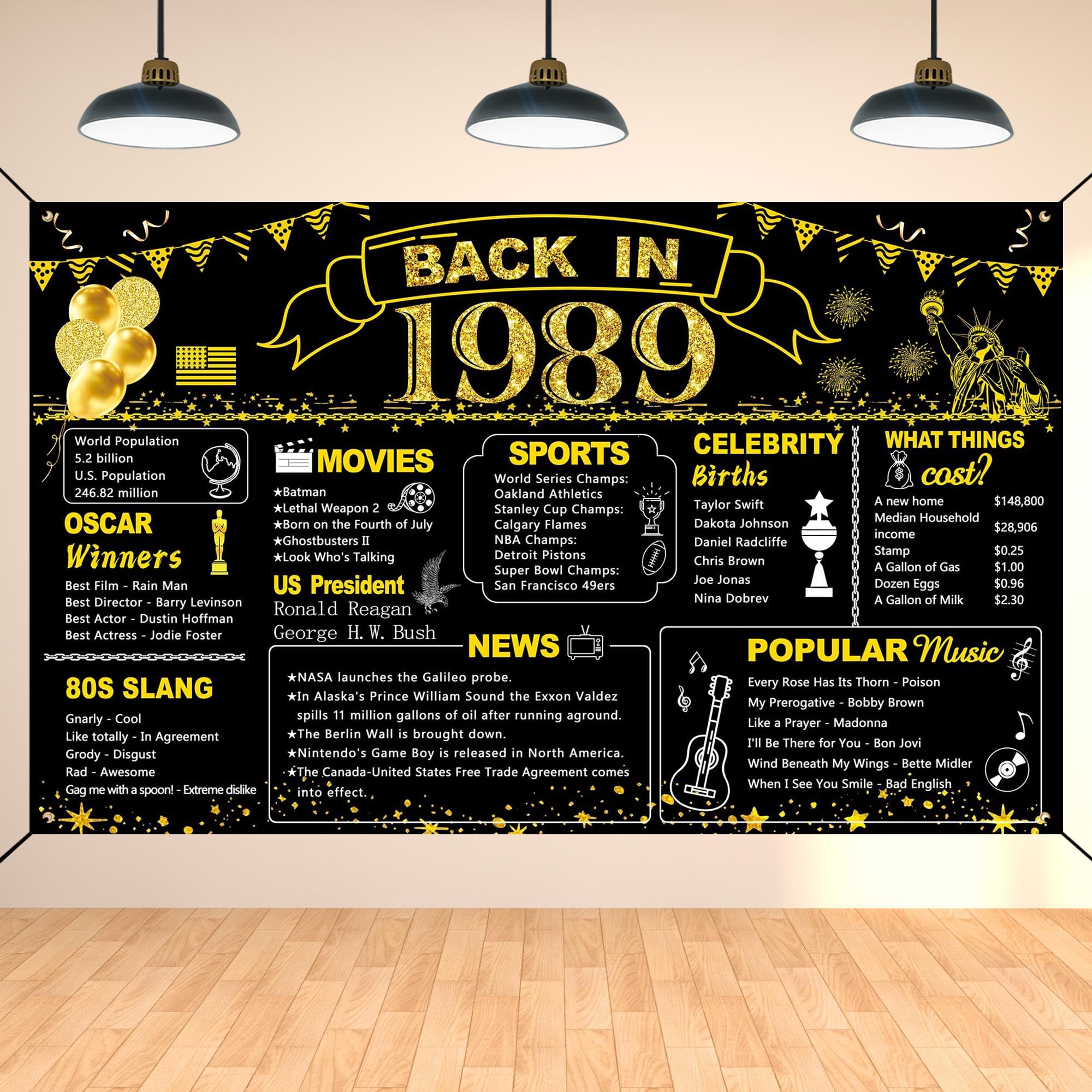 DARUNAXY 35th Birthday Black Gold Party Decoration, Back in 1989 Banner 35 Year Old Birthday Party Poster Supplies Vintage 1989 Backdrop Photography Background for Men & Women 35th Class Reunion Decor