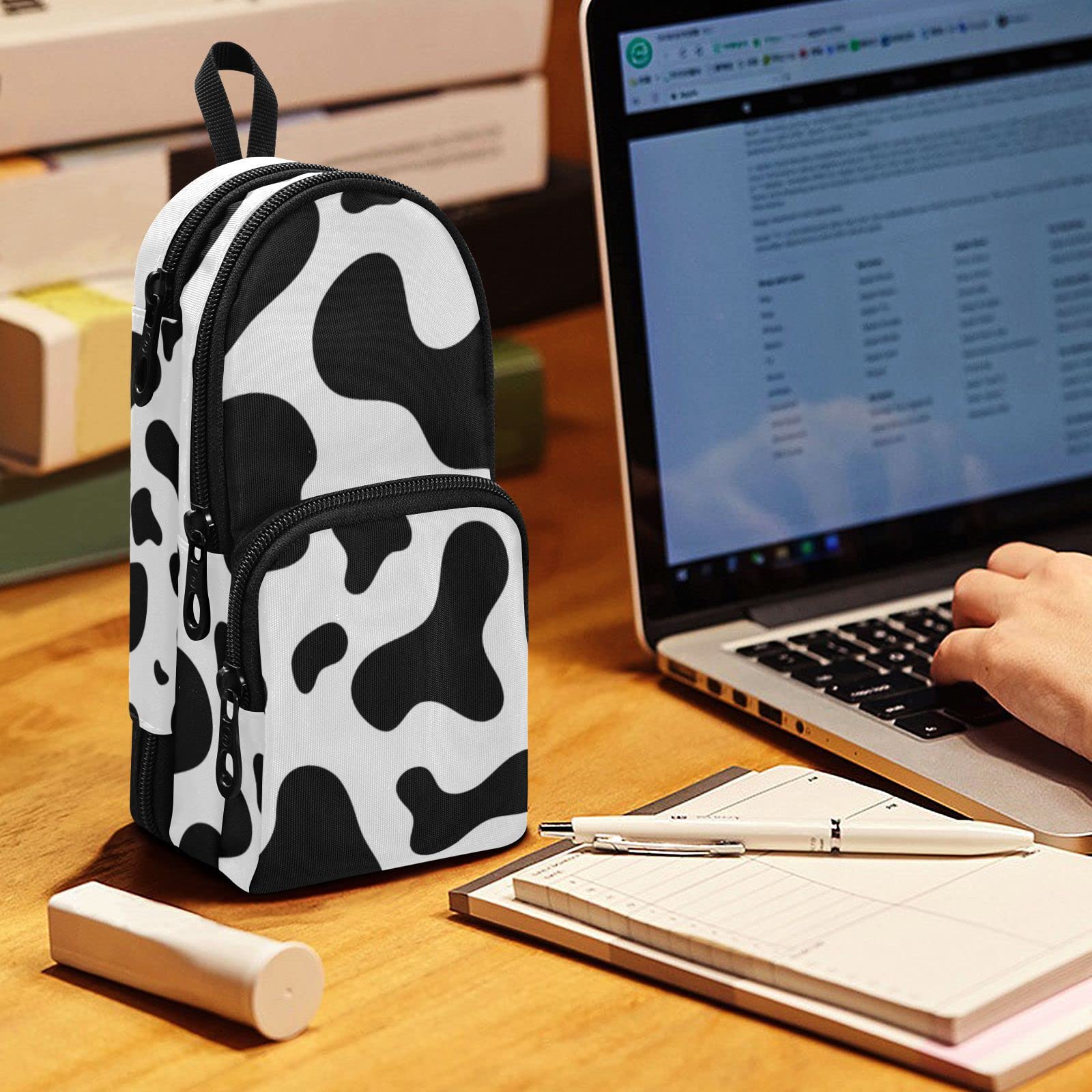 Black Cow Skin Pencil Case Big Capacity Pen Bag with Compartment Students Schoolbag Shape Stationery Organizer Pencil Pouch Marker Case for School Office Work