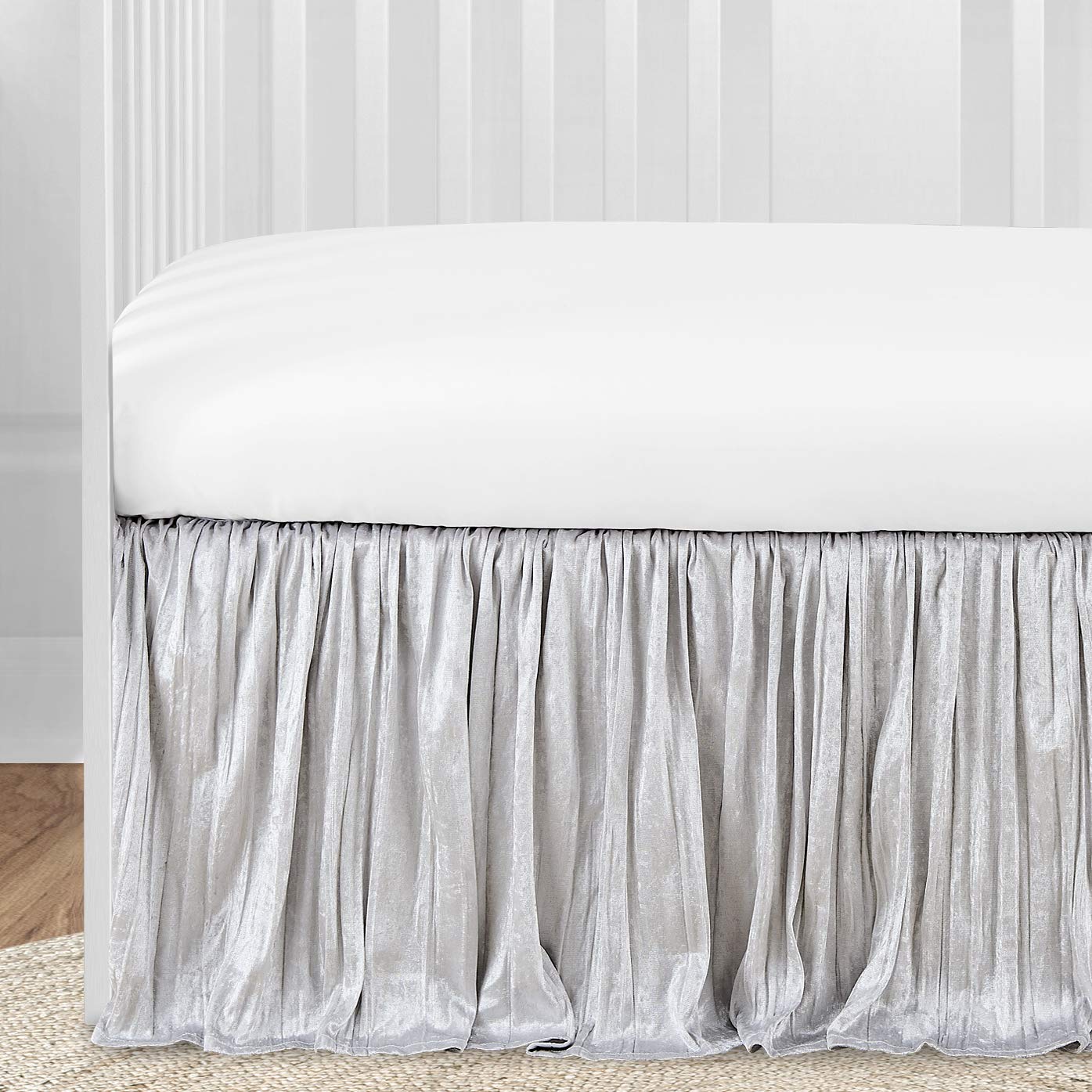 Sweet Jojo Designs Grey Floral Vintage Lace Baby Girl Nursery Crib Bedding Set - 4 Pieces - Solid Light Gray Crinkle Crushed Velvet Luxurious Elegant Princess Boho Shabby Chic Luxury Flower Ruffle