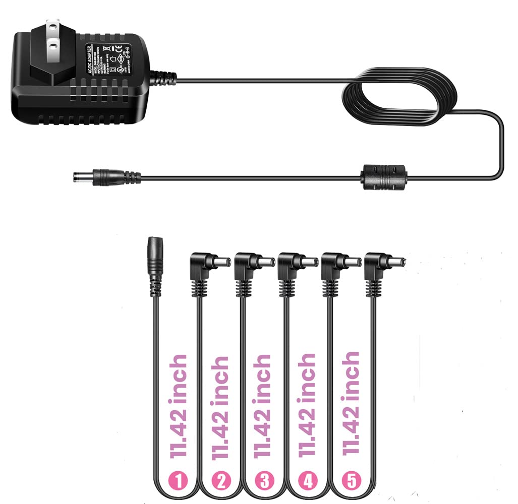 Guitar Pedal Power Supply Adapter 9V DC 1A Tip Negative 5 Way Daisy Chain Cables for Electronic Guitar Effect Pedal
