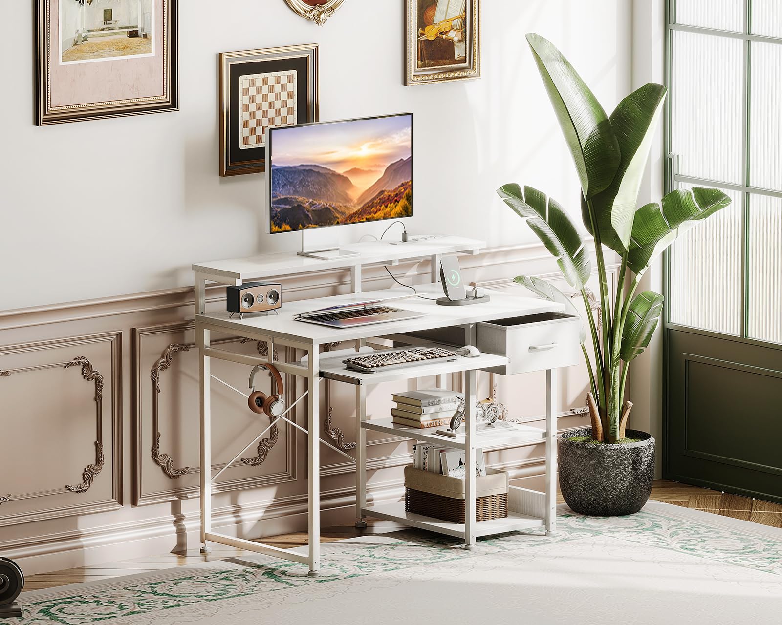 AODK Small Computer Desk with Keyboard Tray, 40 Inch Office Desk with Power Outlet, Work Desk with Drawer, Reversible Desk with Adjustable Monitor Shelf and Storage Shelf for Home, Rustic Brown