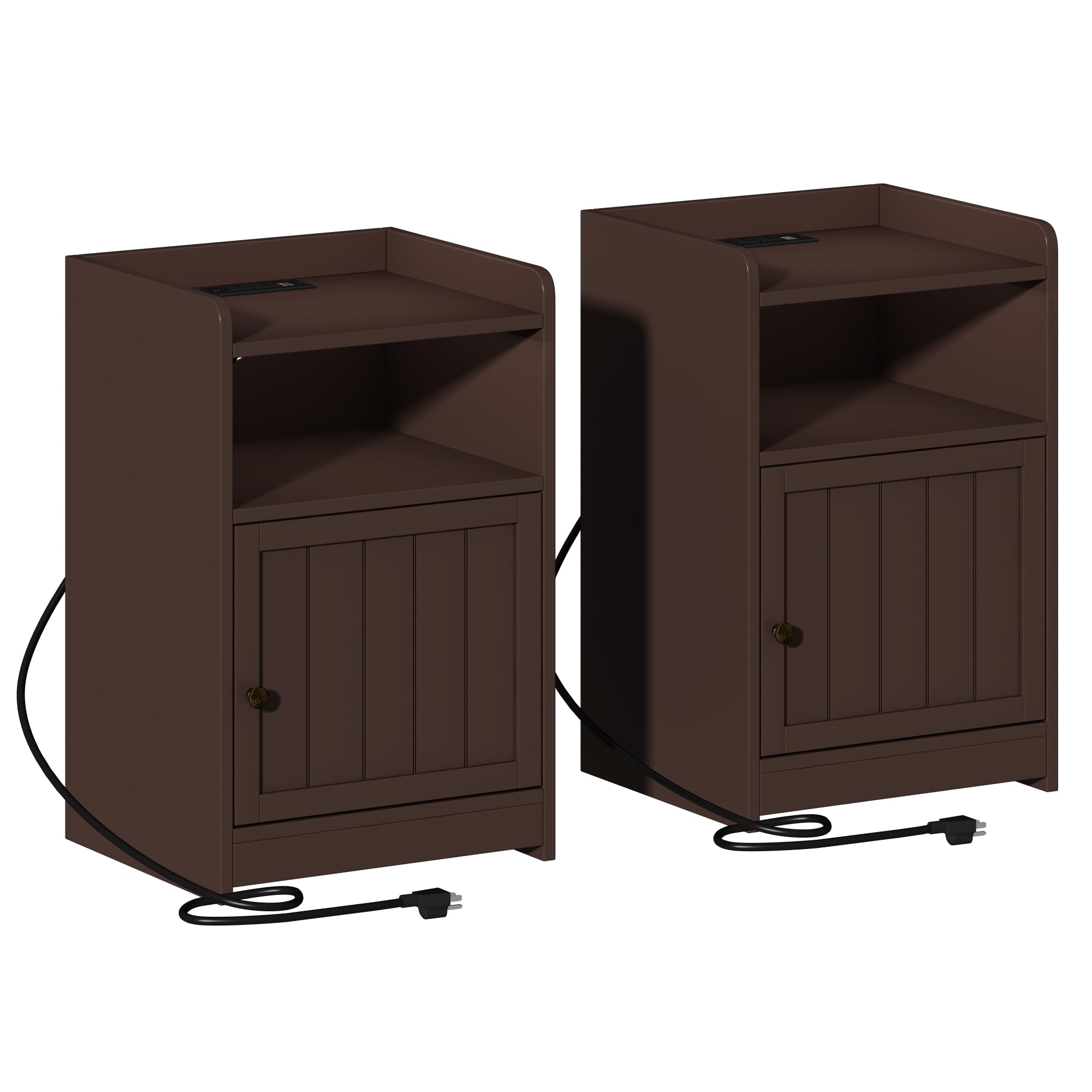 ChooChoo Nightstand with Charging Station Set of 2, Night Stand with Cabinet and Open Storage, Bed Side Table for Bedroom, Espresso