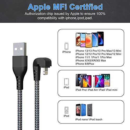 90 degree iphone charger 10 ft [Apple MFi Certified] U-Shaped Design for Gaming, Right Angle Lightning Cable 2.4A Fast Charge Long iPhone Charger Cord 10 ft with Data Transmission for iPhone/Pad/Pod