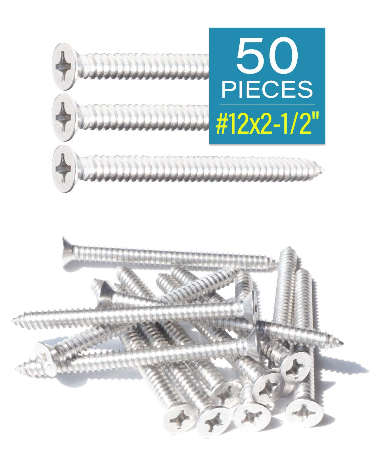 IMSCREWS Cabinet Screws #12 x 2-1/2" Flat Head Phillips Wood Screws 50pcs, Self Tapping 18/8 Stainless Steel Sheet Metal Screws for Indoor and Outdoor Wooden Working