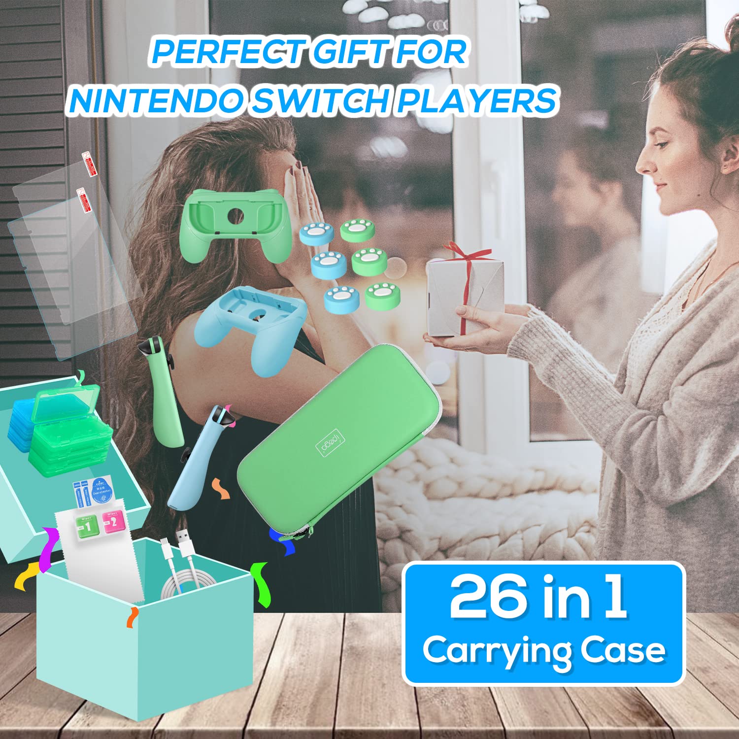 Accessories Bundle Compatible with Nintendo Switch for Animal Crossing,26 in 1 Accessories kit Carrying Case,Screen Protector,Handle Grips,Steering Wheels,Silicone Case,Thumb Caps for Joy Con