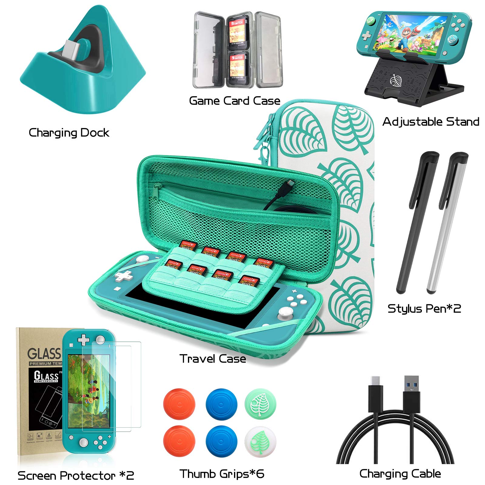 Accessories Bundle for Switch Lite, Kit with Carrying Case, Screen Protector, Playstand, Game Card Case, Charging Dock, USB Cable,Thumb-Grip Caps, Stylus for Nintendo Switch Lite