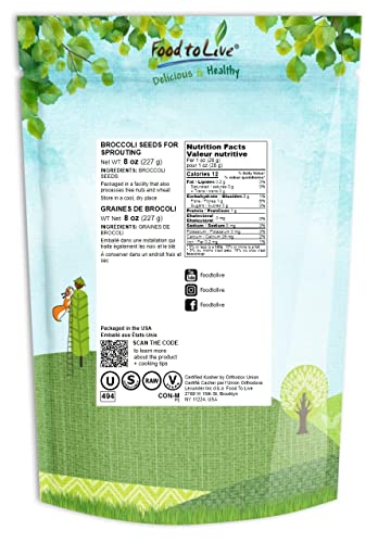 Broccoli Seeds for Sprouting, 8 Ounces – Vegan, Kosher, Sirtfood, Bulk. Rich in Sulforaphane, Vitamin C, Vitamin A. Great for Growing Sprouts, Microgreens. High Germination Rate