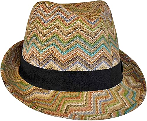 Bohemian Summer Straw Fedora Hat for Women, Cute Chevron Zig Zag Striped, One Size