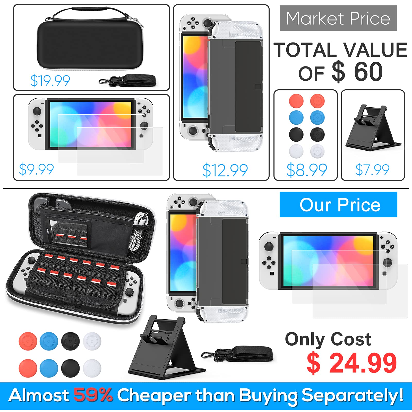 Accessories Bundle for Nintendo Switch OLED Model,Carrying Case with Card Slots,PC Protector Case for Console,TPU Cover for Joy Con,Tempered Glass Screen,Joystick Cap,Console Playstand for OLED