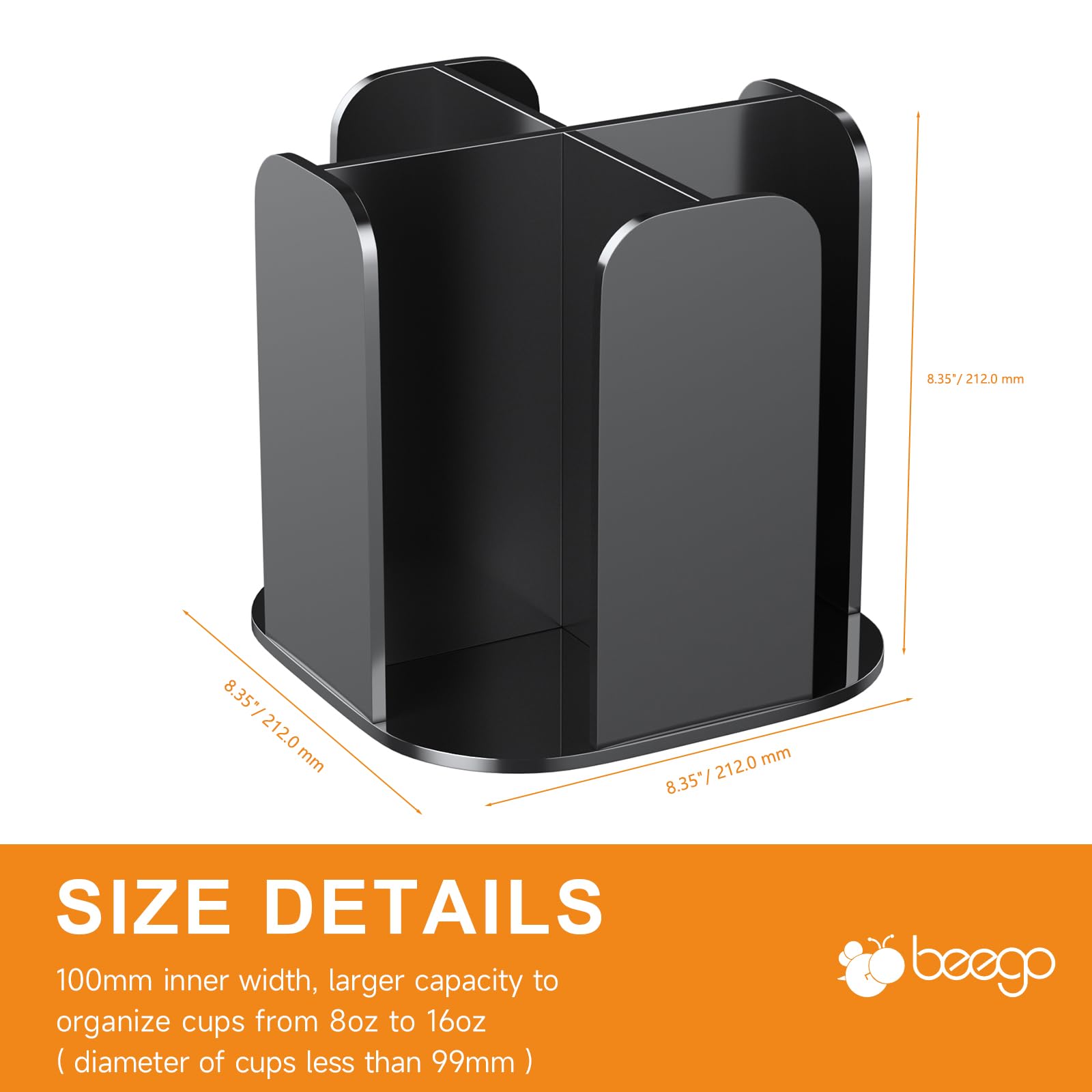 Beego Coffee Cup Holder Organizer - Rotatable 4 Compartments Clear Acrylic Cup Dispenser Coffee Station Cup and Lid Carousel Countertop Plastic Cup Holder Restaurant Breakroom Coffee Bar Accessories