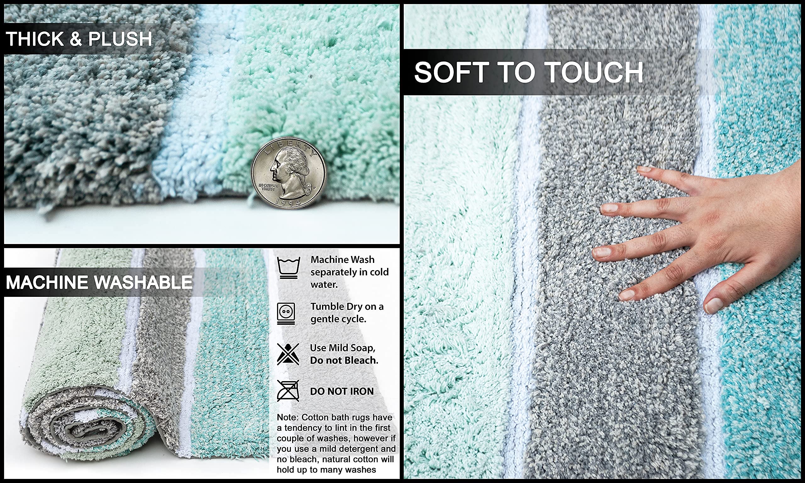 Chardin home Cordural Stripe Bath Rug Runner with Skid Resistant Latex Spray Underneath. Mint Green/Grey, 24" W x 60'' L