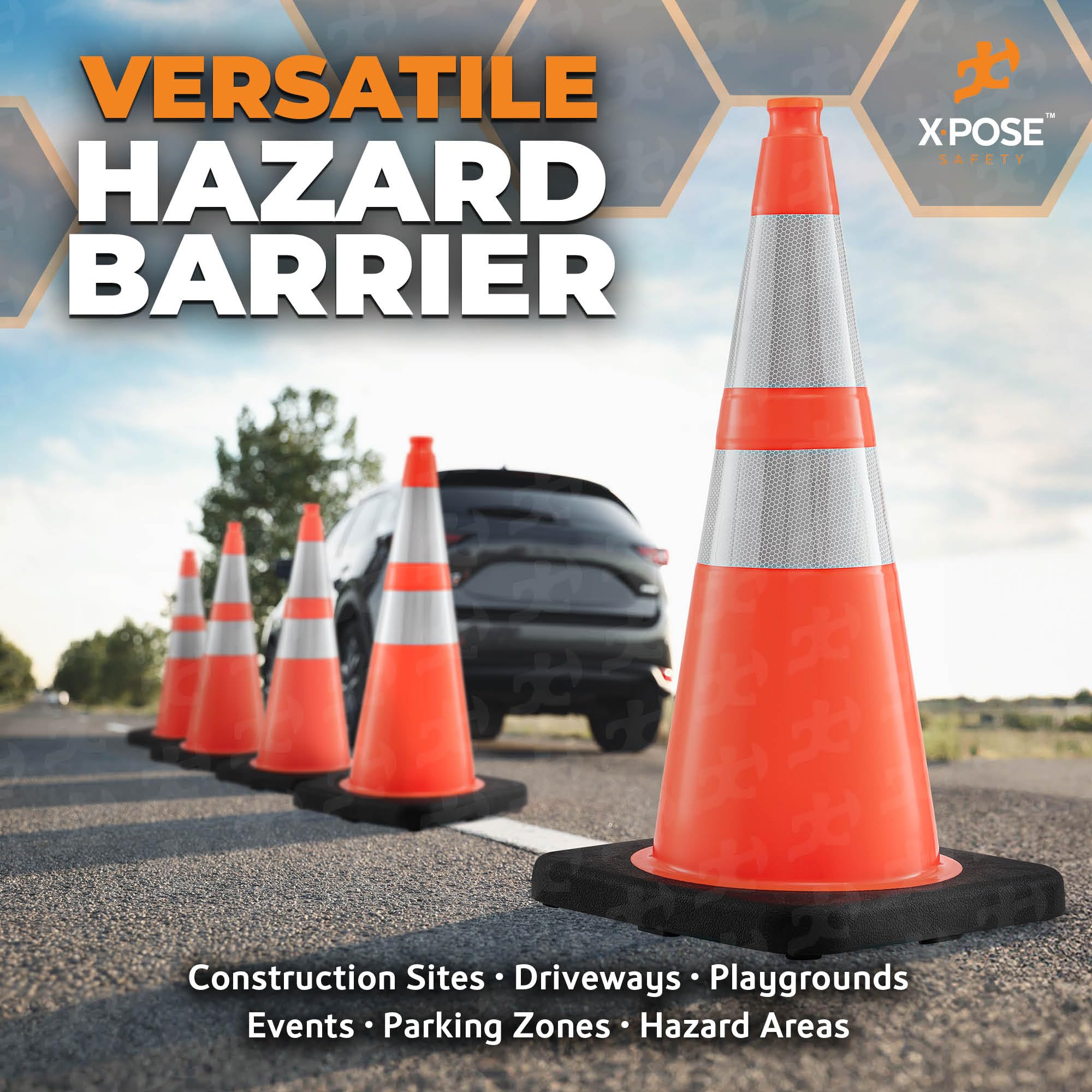 Xpose Safety 28 Inch Orange Traffic Cones Heavy Duty 10lb with 6" & 4" Collars, 24 Pack - Multipurpose PVC Plastic Safety Cone for Parking, Soccer, Caution, Kids and Construction