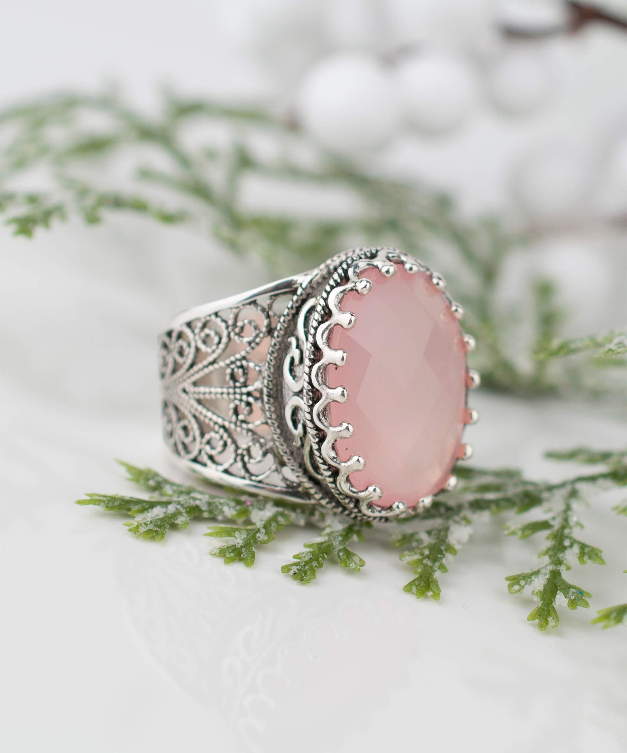 925 Sterling Silver Pink Agate Oval Filigree Ring (Size 6-11) (6)