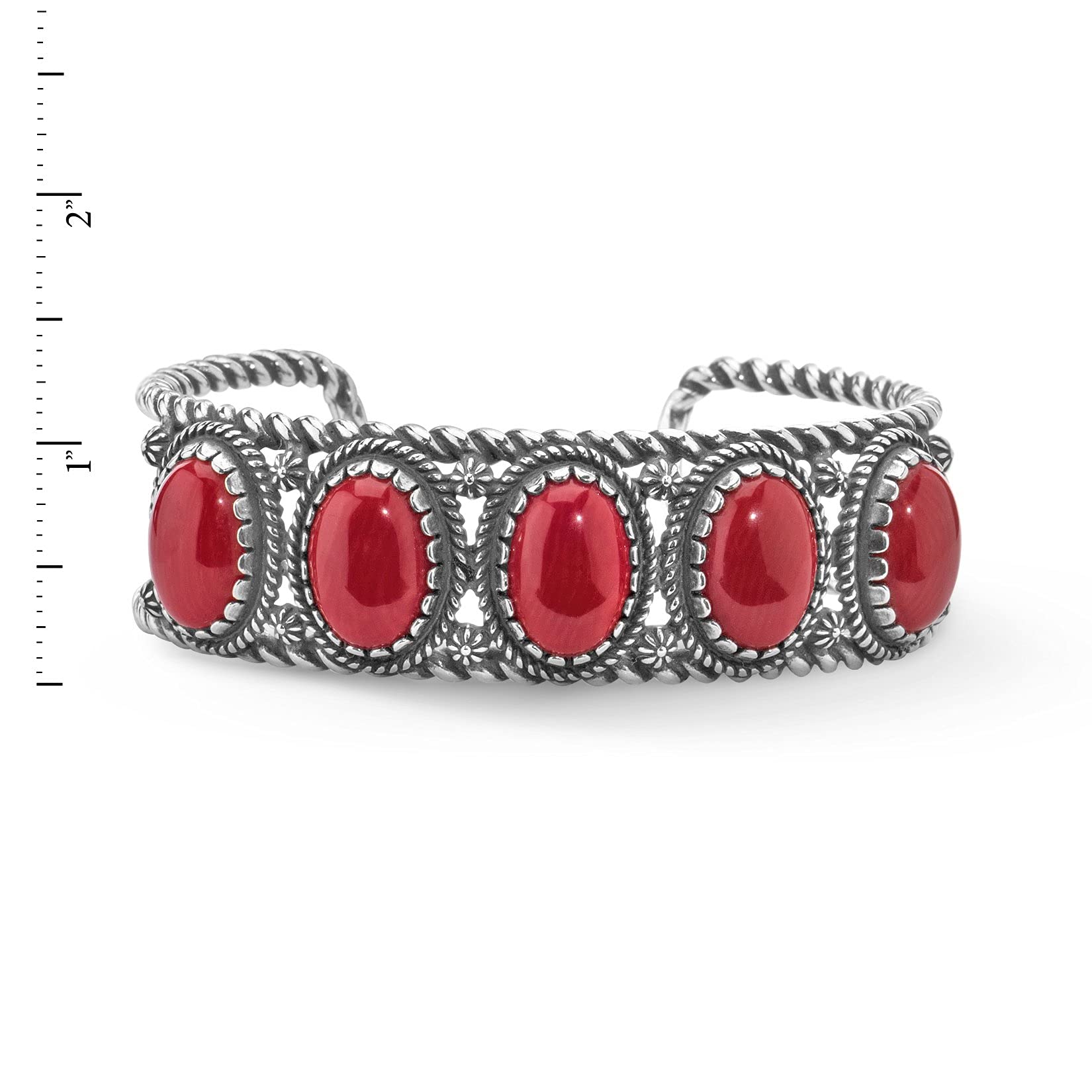 American West Jewelry Sterling Silver Women's Cuff Bracelet Red Coral Gemstone 5-Stone Design Size Small
