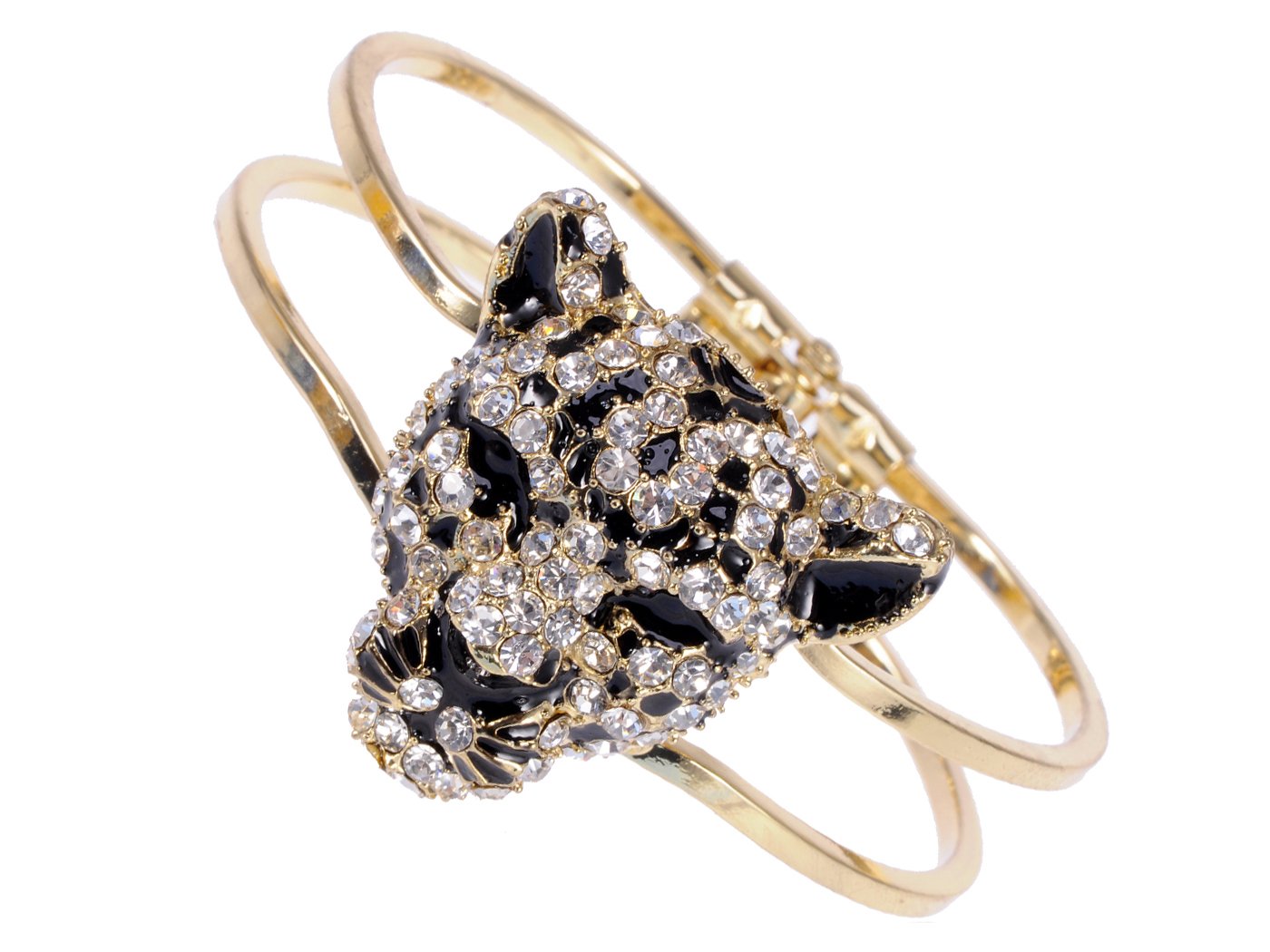 Alilang Golden Tone Clear Crystal Rhinestone Black Enamel Cheetah Leopard Jaguar Head Bangle Bracelet
