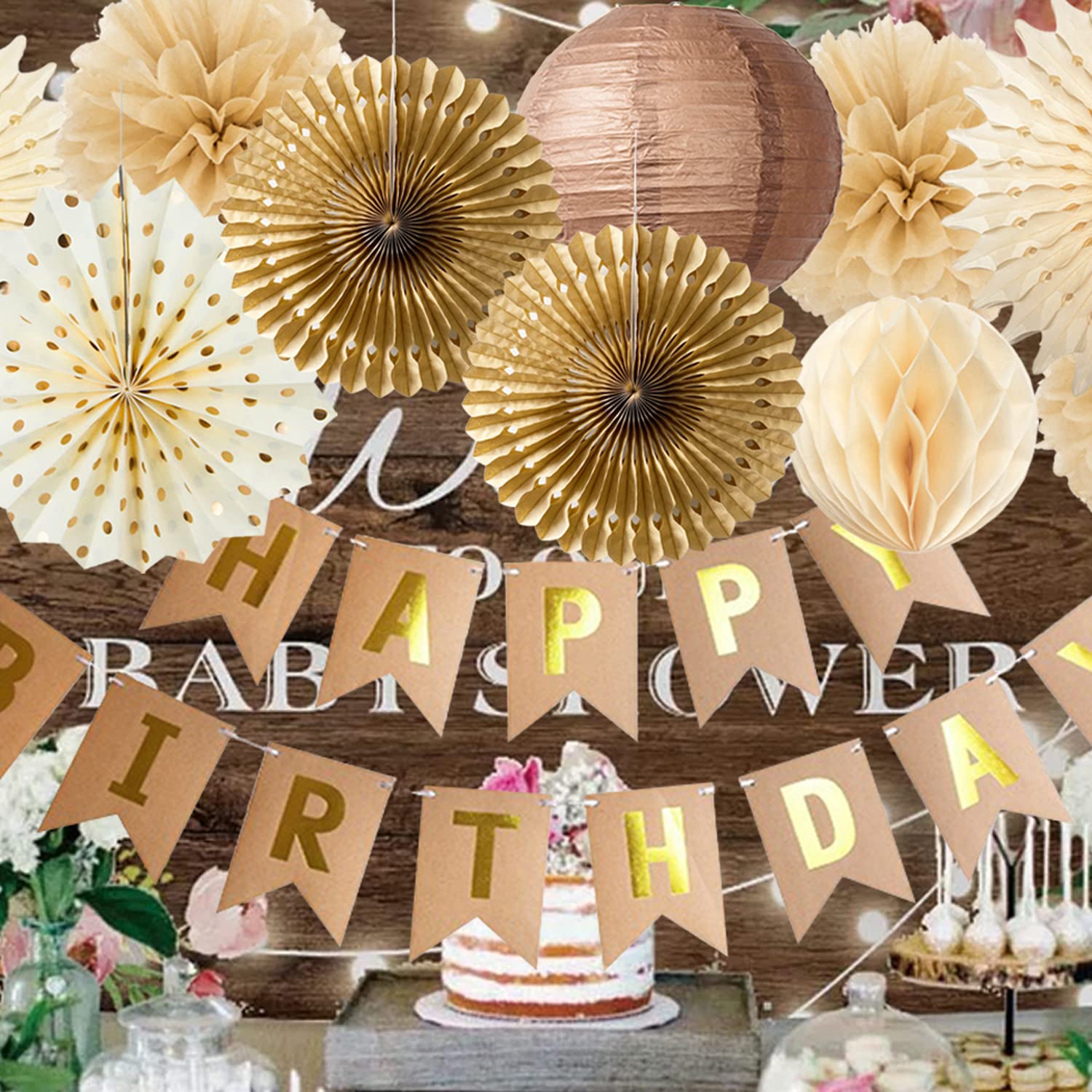 Brown Party Decorations Cream Tan Brown Rustic Natural Birthday Decorations Paper Fans Tissue Paper Pom Poms Rustic Wedding Baby Shower Birthday Party Decoration