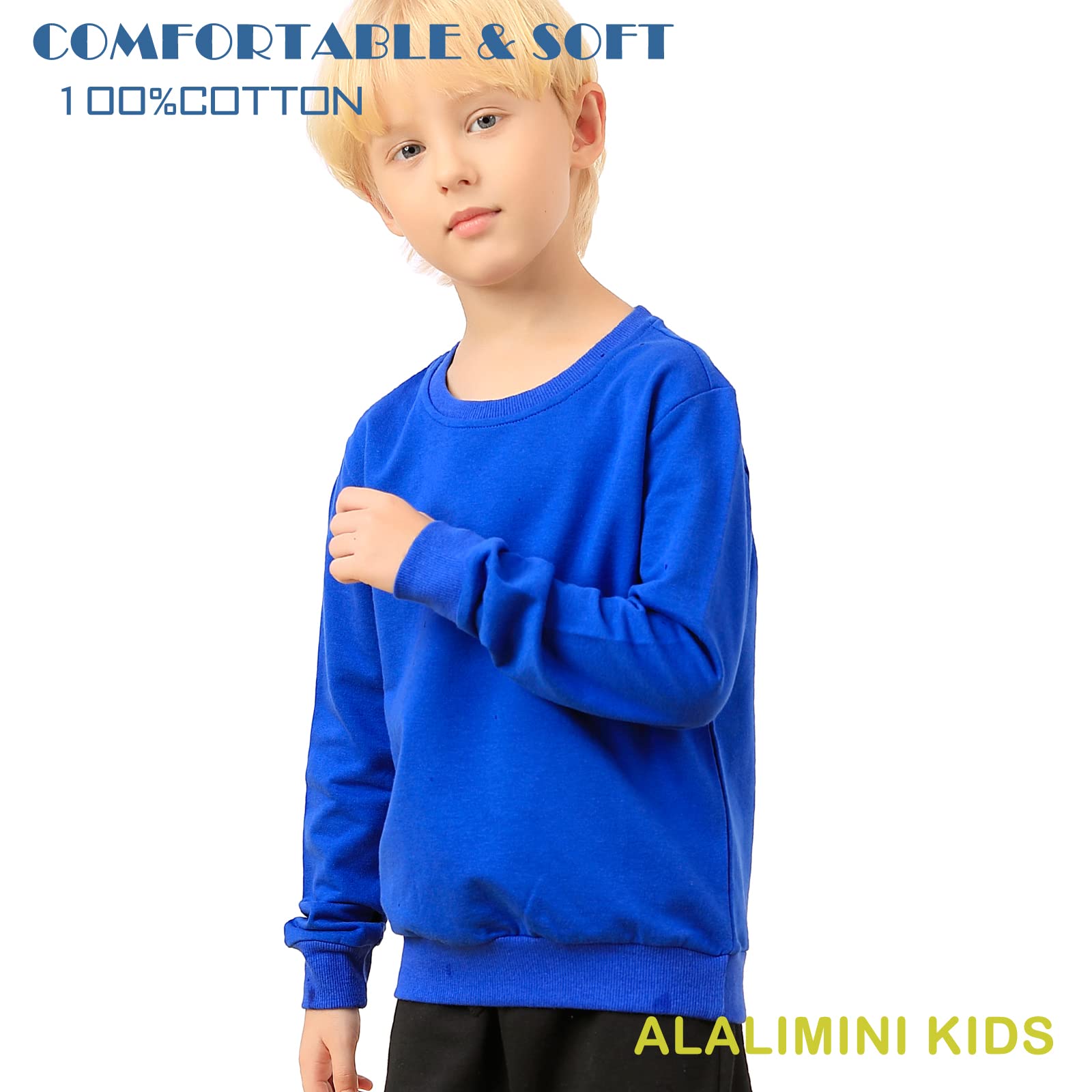 ALALIMINI Boys&Girls Crewneck Sweatshirts Toddler Kids Solid Cotton Long Sleeve Pullover Tshirts (Blue, 5T)