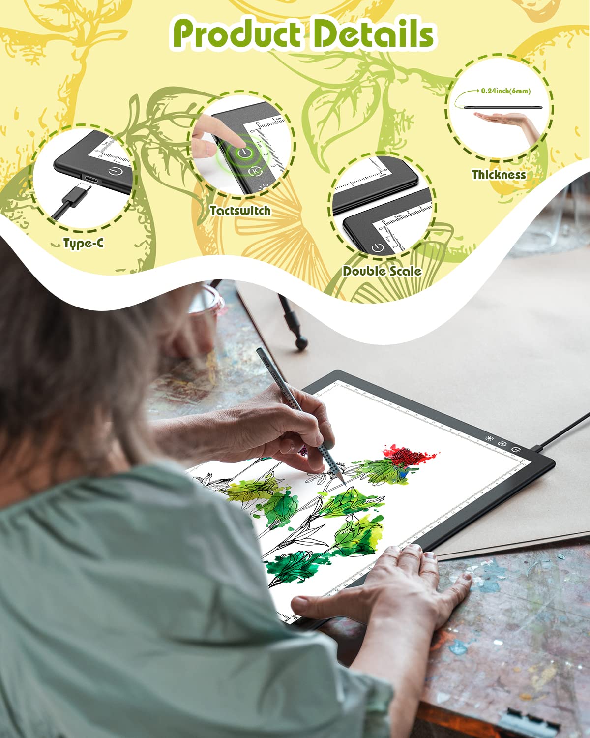 KACOLA A4 Light Pad for Diamond Painting, Light Board, Tracing Light Box by Magnetic for Weeding Vinyl, Ultra-Thin Copy Board with 3 Adjustable Brightness for Drawing, Sketching, Animation