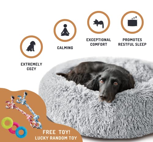 BLUSH PAWS Extra Calming Cozy Round Donut Pet Bed - Anti Anxiety for Cats & Dogs. Orthopedic, Self-Warming Shag or Lux Fur with Nonslip Bottom, Soft, Machine Washable (Medium 32", Frost)