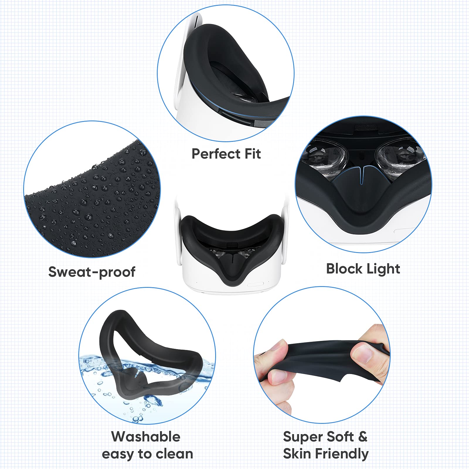 Accessories for Oculus Quest 2, Silicone Face Cover Sweatproof and Lens Protective Cover , Soft and Washable, Accessories Kit - Black