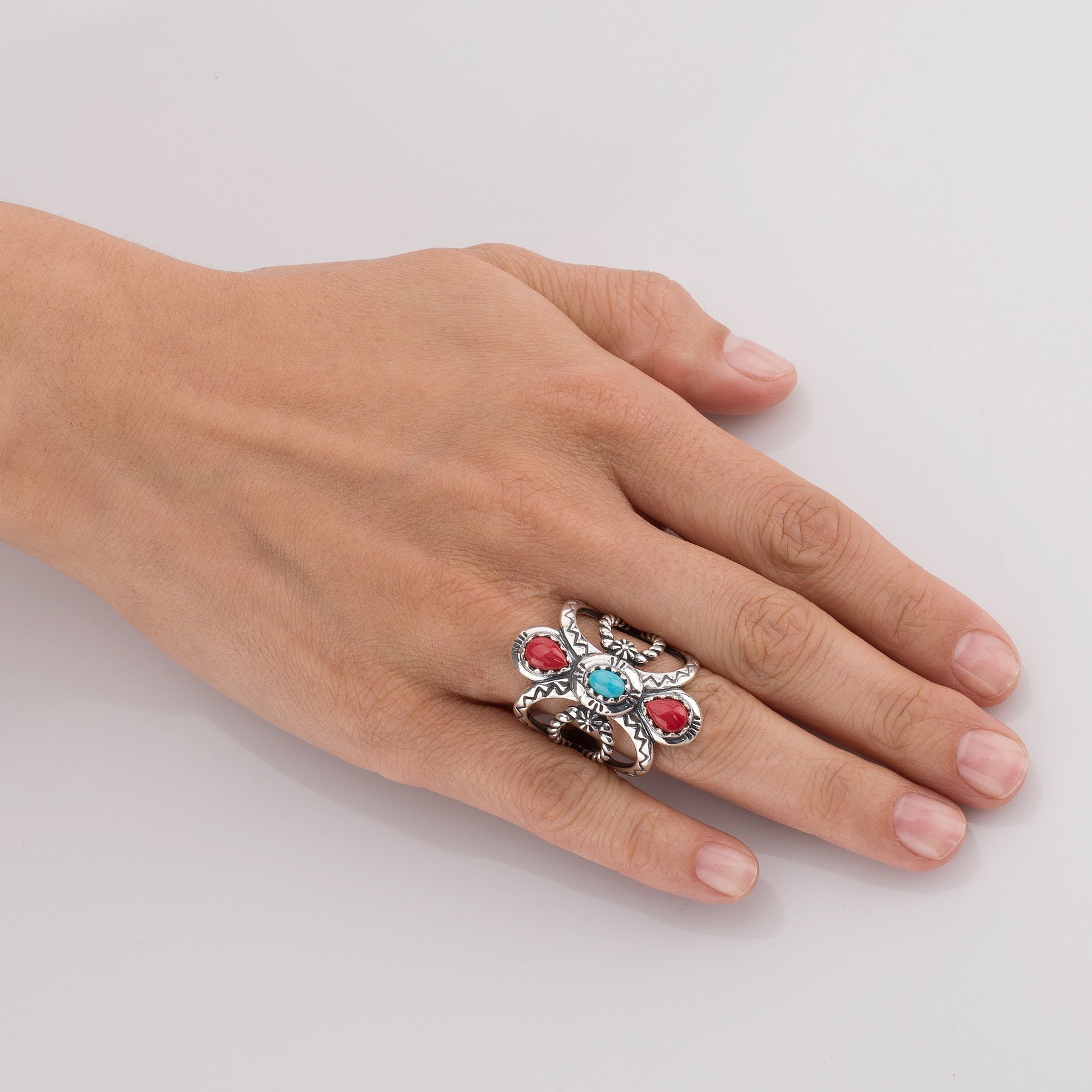 American West Sterling Women's Statement Ring Gemstone Twisted Rope & Zigzag Design Size 5
