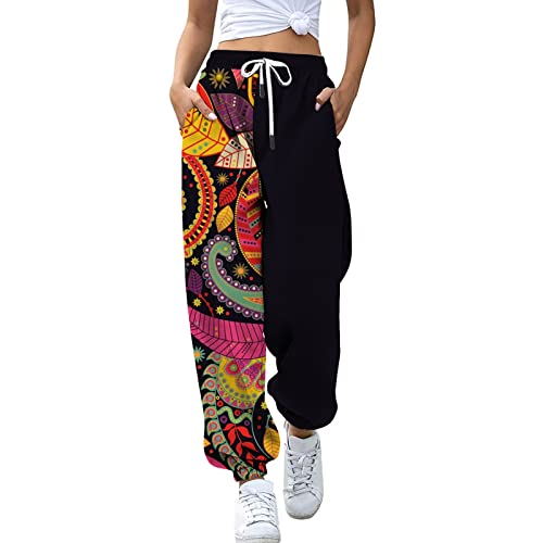 Cinch Bottom Sweatpants for Women Pockets Ethnic Printed Lounge Trousers High Waist Sporty Workout Jogger Pants
