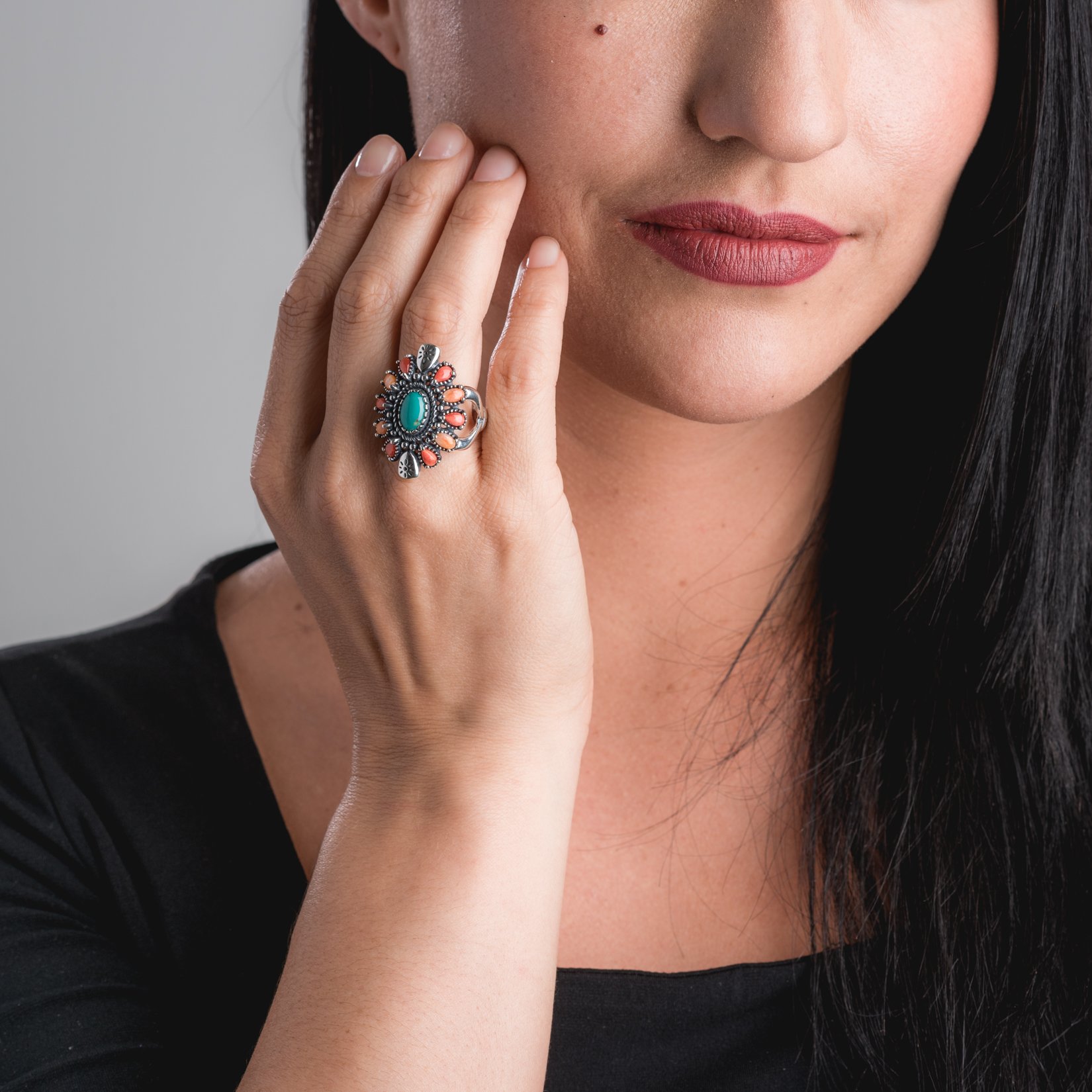 American West Sterling Silver Green Turquoise, Red and Orange Spiny Oyster Gemstone Cluster Ring Size 7