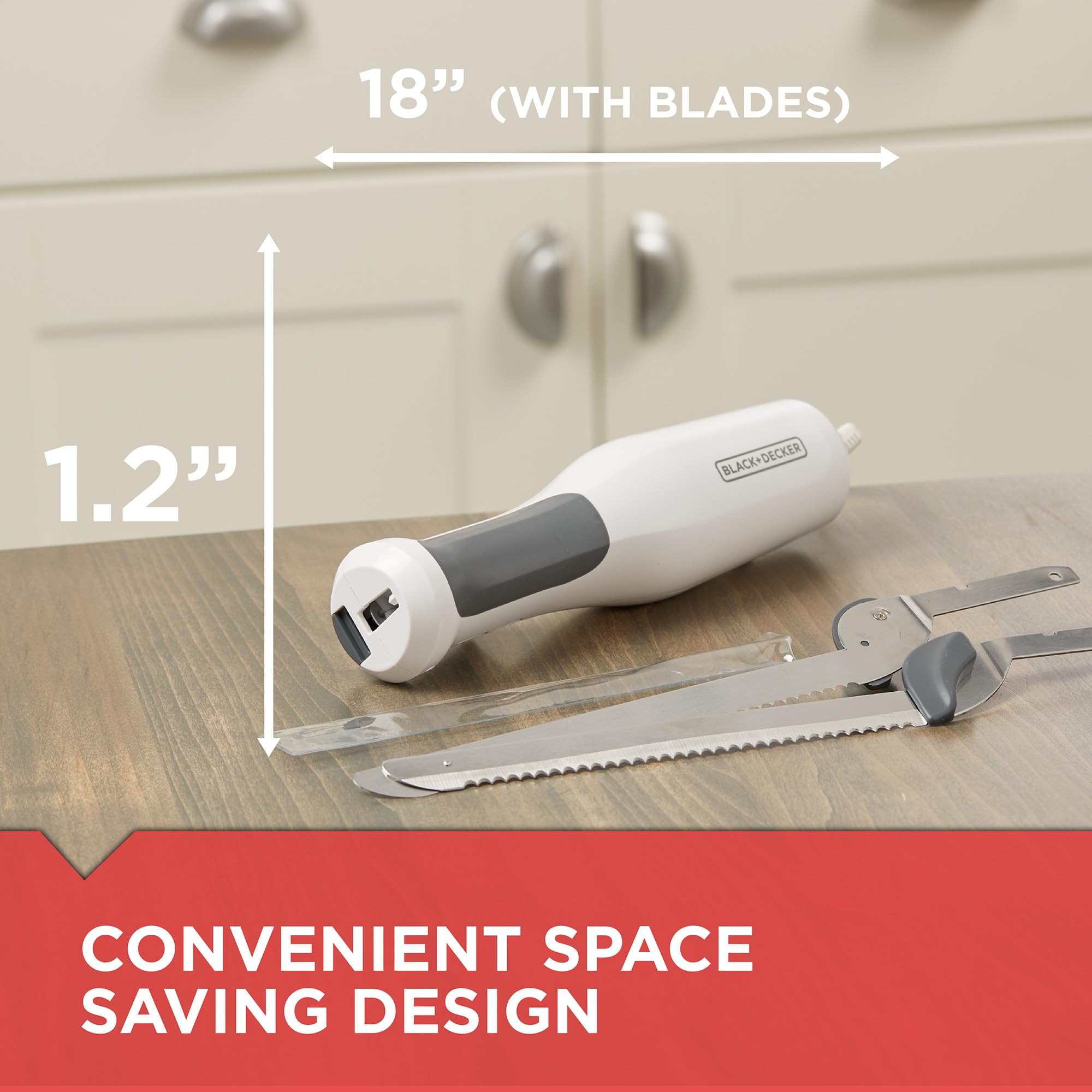 BLACK+DECKER 9 inch Electric Carving Knife, Comfort Grip Handle & Safety Lock Button, Stainless Steel Blades and Dishwasher Safe Parts, White