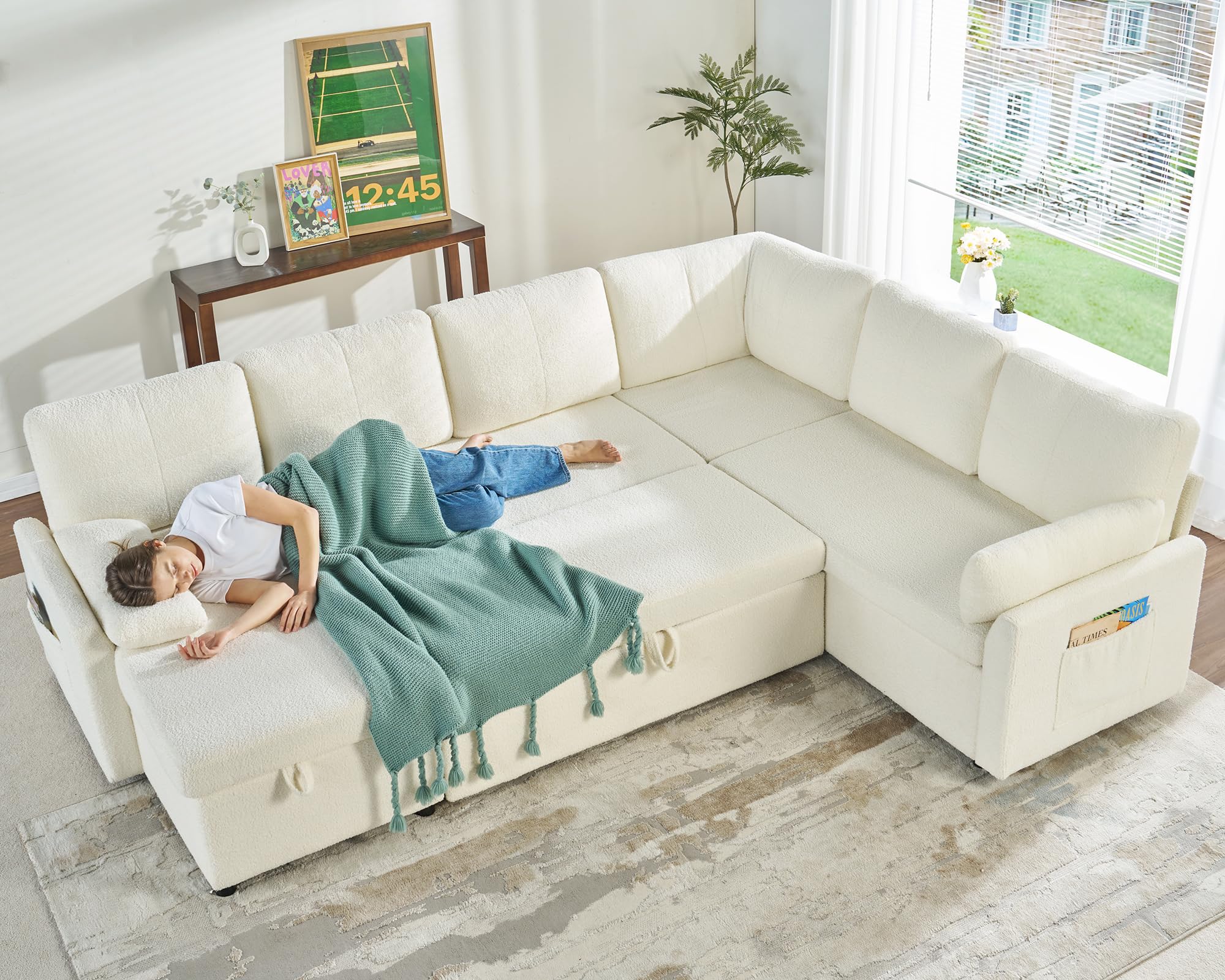 VanAcc Sleeper Sofa, 112 Inch Pull Out Sofa Bed with Storage Chaise & 3 Seater, Oversized U Shape Sectional Couch with Pull Out Bed, White Boucle Couch