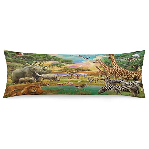 Body Pillow Cover,Africa Animal Rhino Flamingo Lion Zebra Giraffe Family Printed Long Pillow Cases Protector with Zipper Decor Soft Large Covers Cushion for Beding,Couch,Sofa,Home Gift 20"x54"
