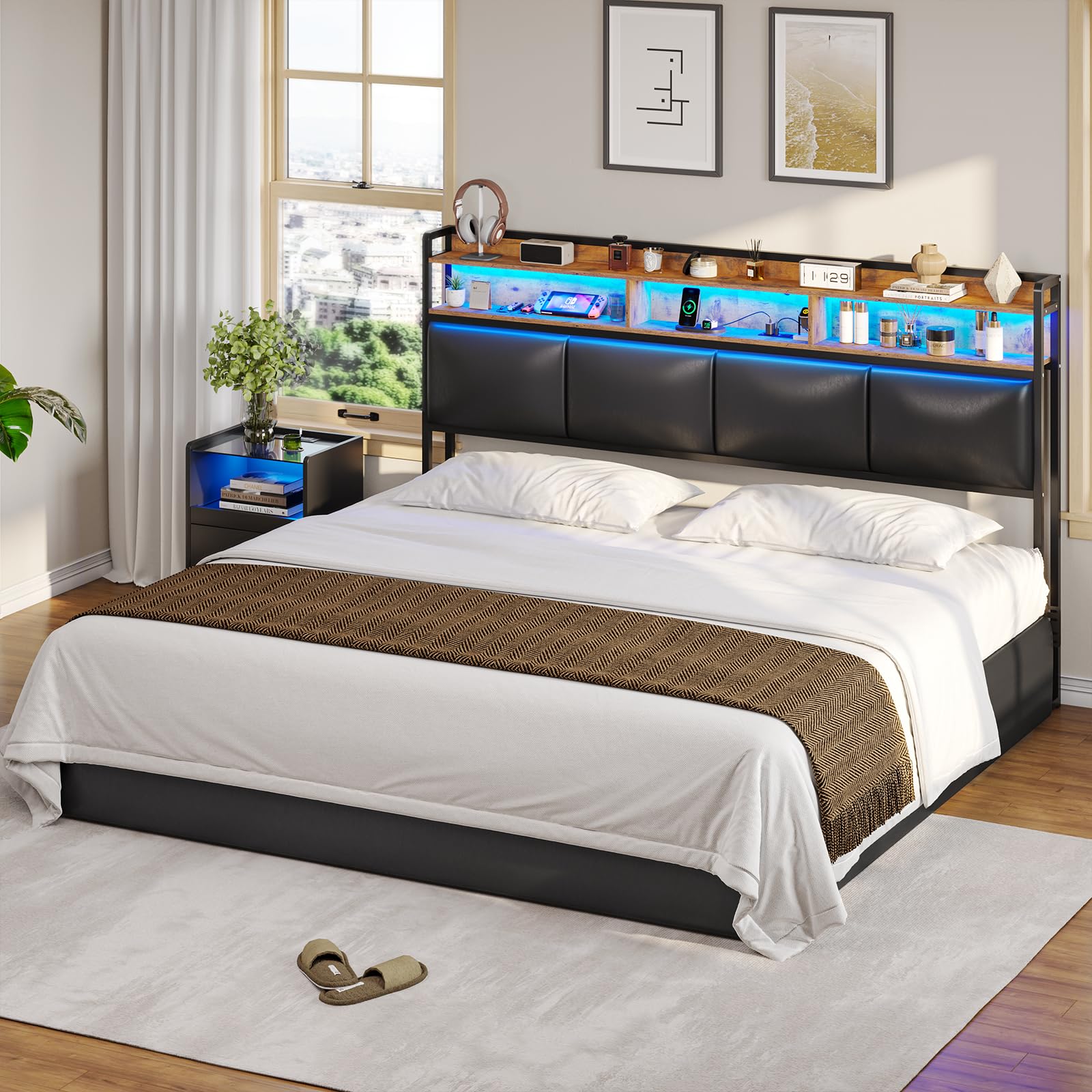AOGLLATI Upholstered Headboard Queen Size with LED Lights & Charging Station,Headboard Queen Size with 2-Tire Storage Space and Soft Backrest for Bedroom, Easy Assembly(Queen,Black)